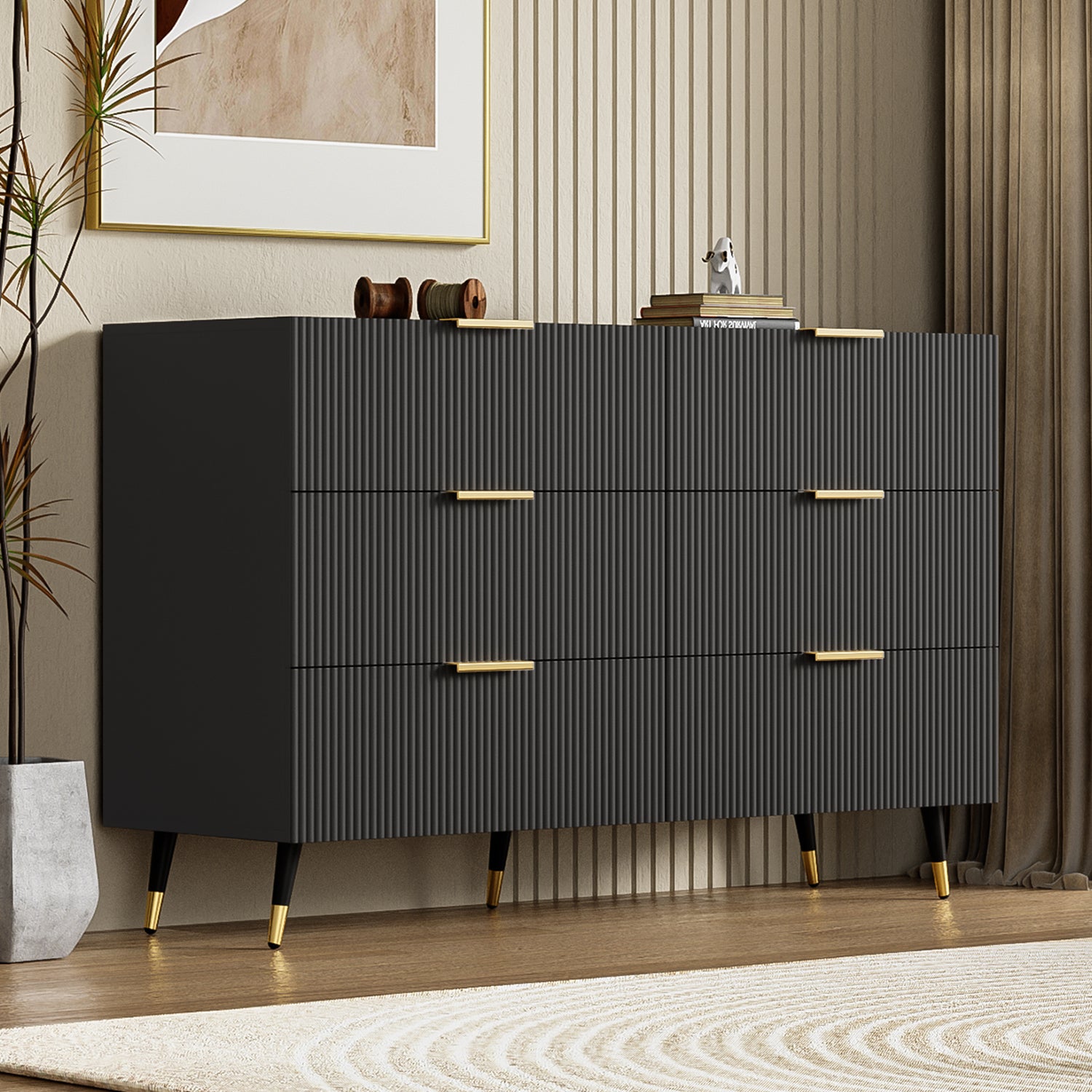 Buffet Commode moderne - 6 tiroirs - panneaux de particules - Noir | Leroy Merlin