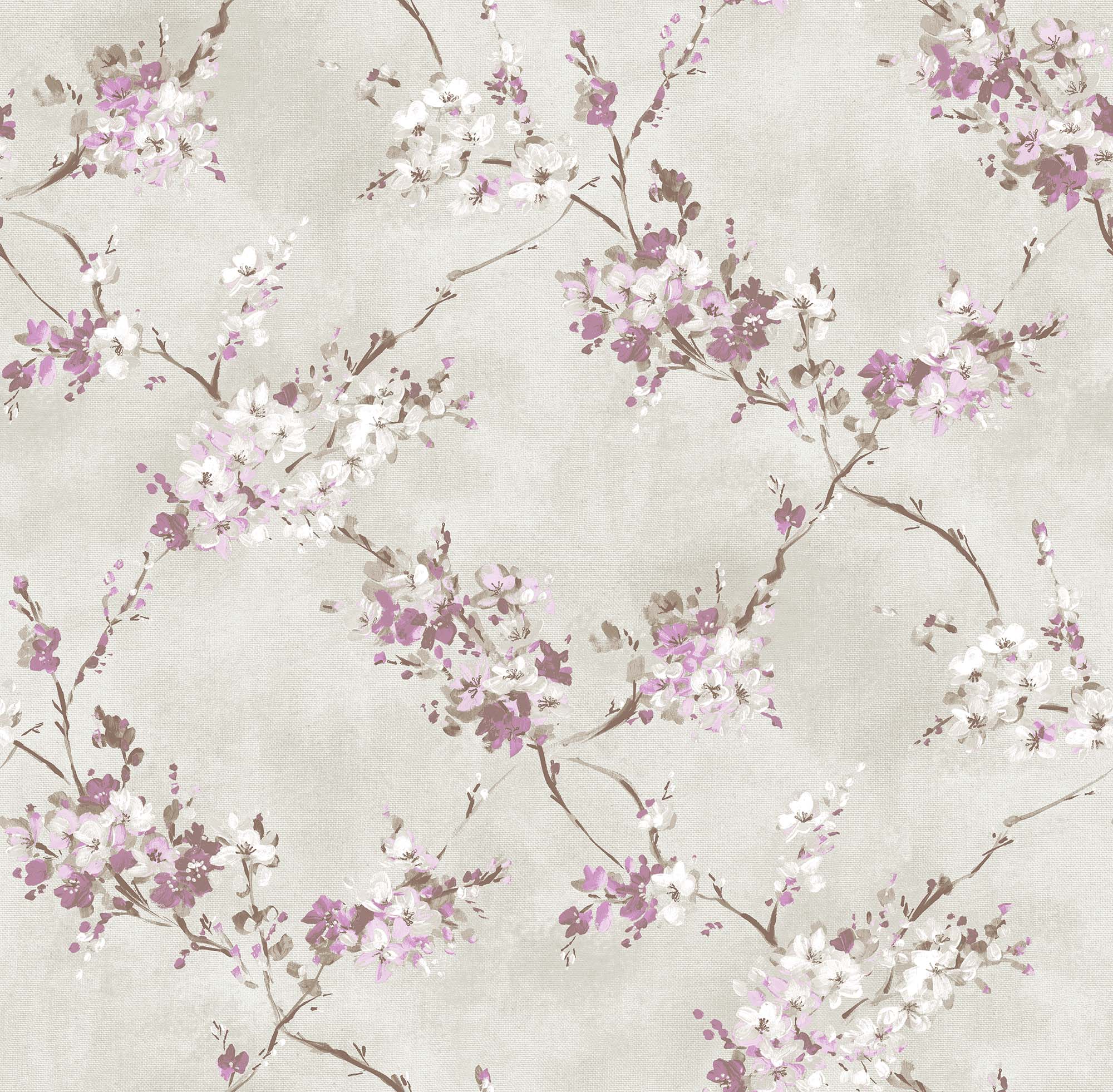 Papier peint fleurs lilas violet et beige chaud - 53 cm x 10 m ...