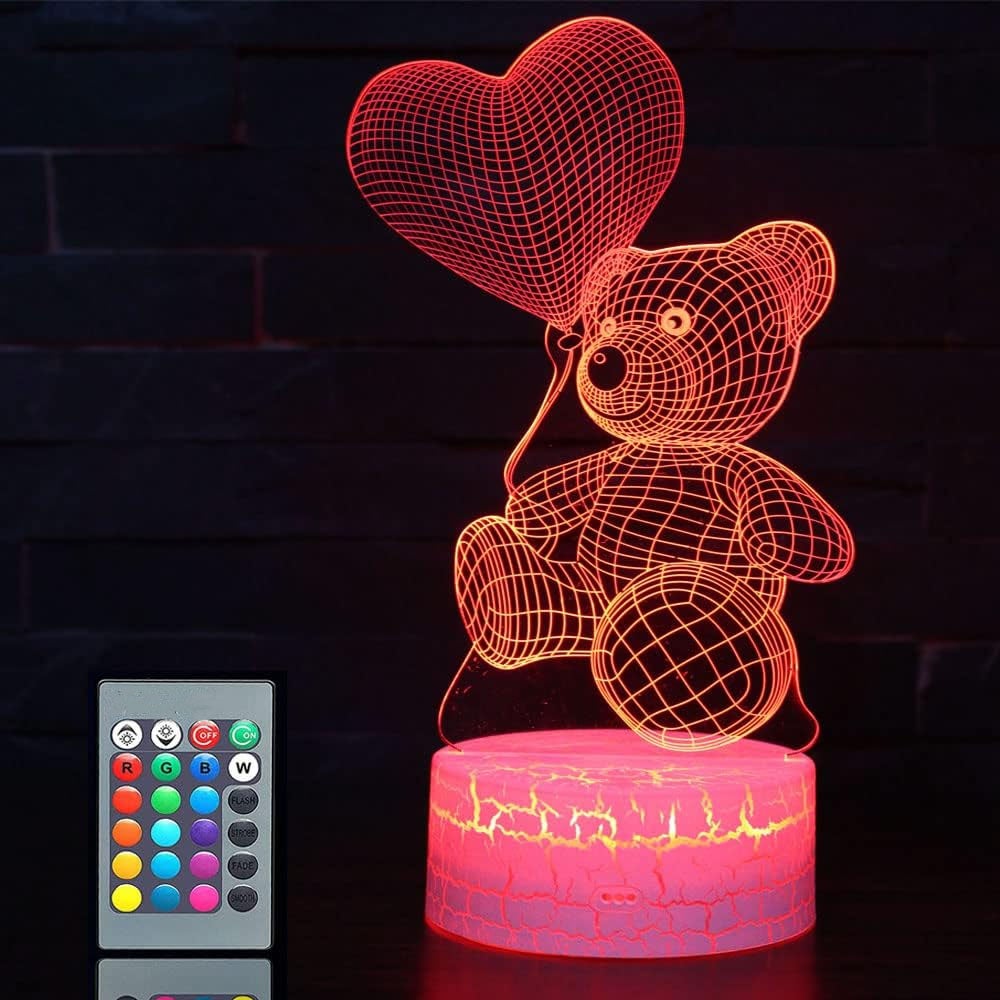 Luz nocturna 3D de oso de San Valentín, 16 colores cambiantes, luz ...