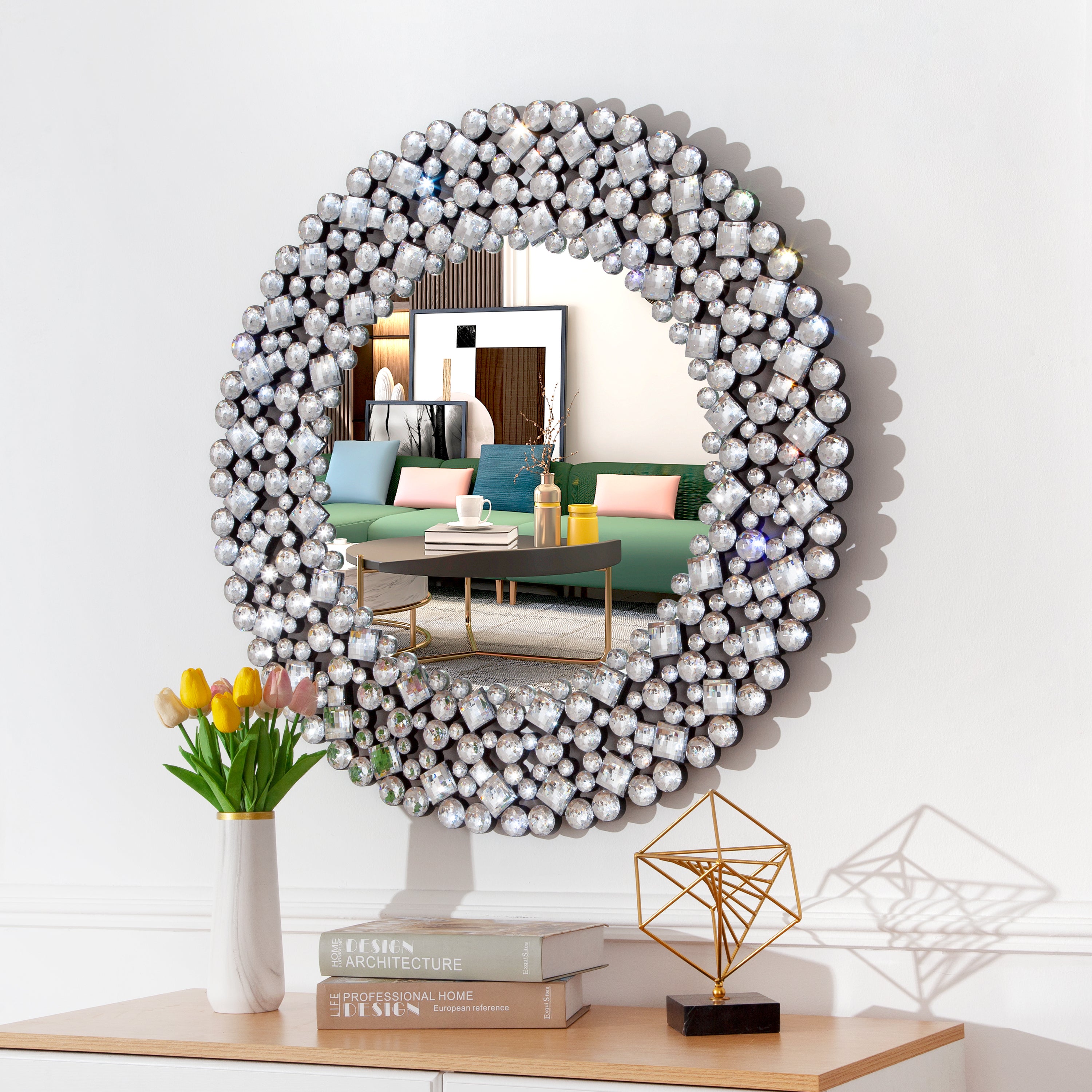 Miroir mural rond à accents de cristal de 34 pouces | Leroy Merlin
