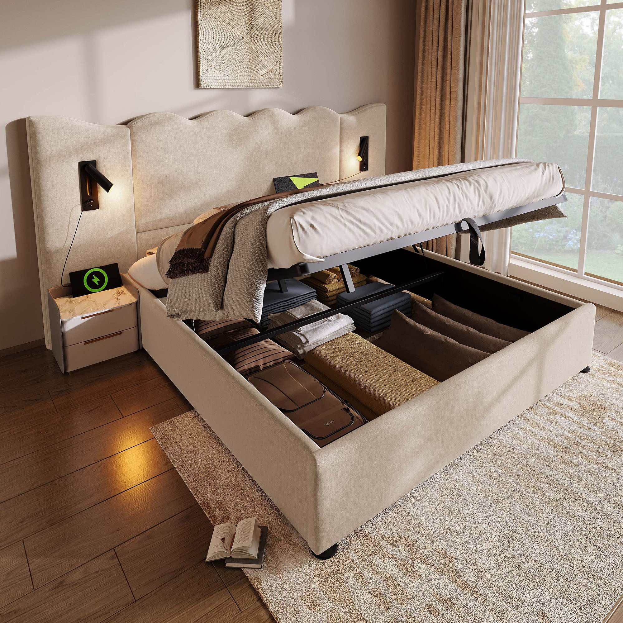 Lit double rembourré 160×200 avec lampe de lecture et fonction de ...