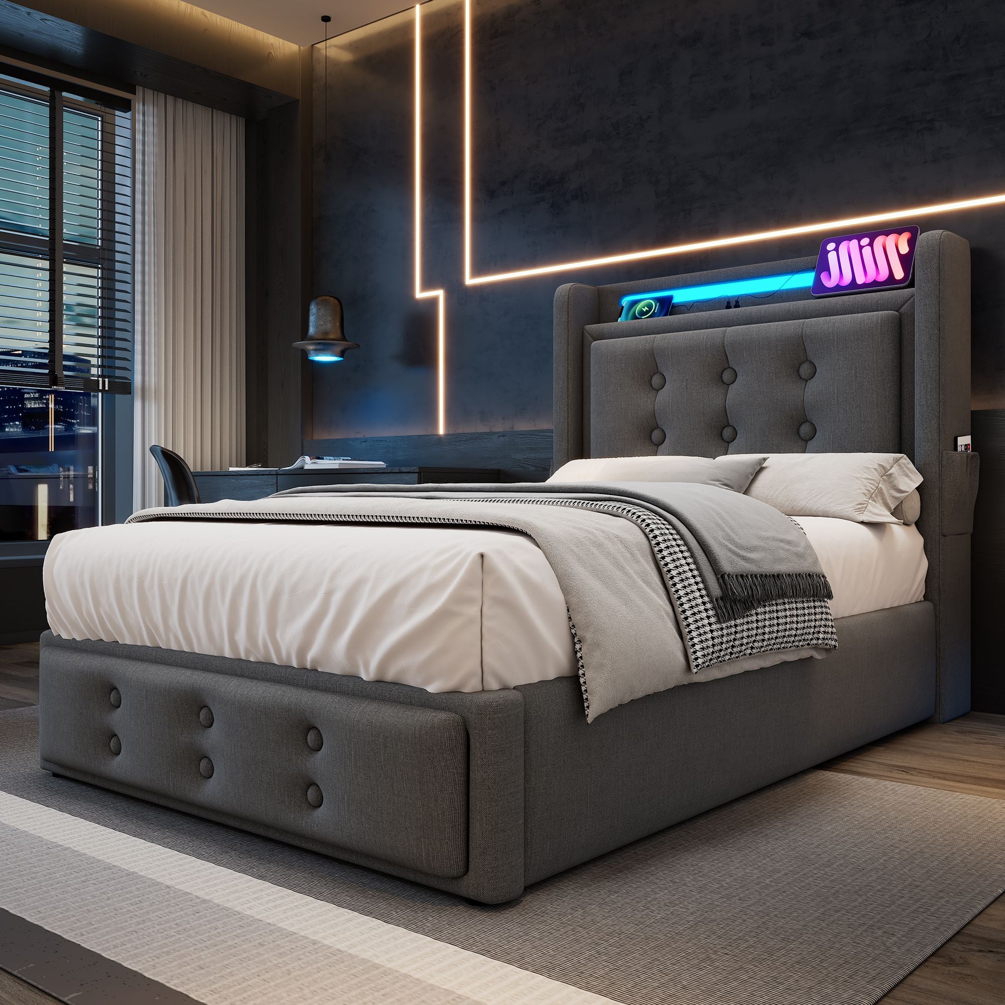 Lit simple capitonné 90x200 avec tête de lit LED et chargeur USB C, lit ...