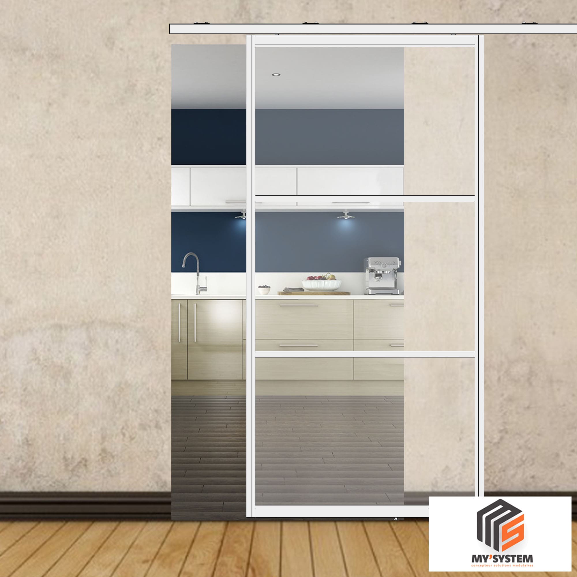 PORTE SIMPLE COULISSANTE DROITE H2088 - L1067 mm - 3 VERRES HORIZONTAUX ...