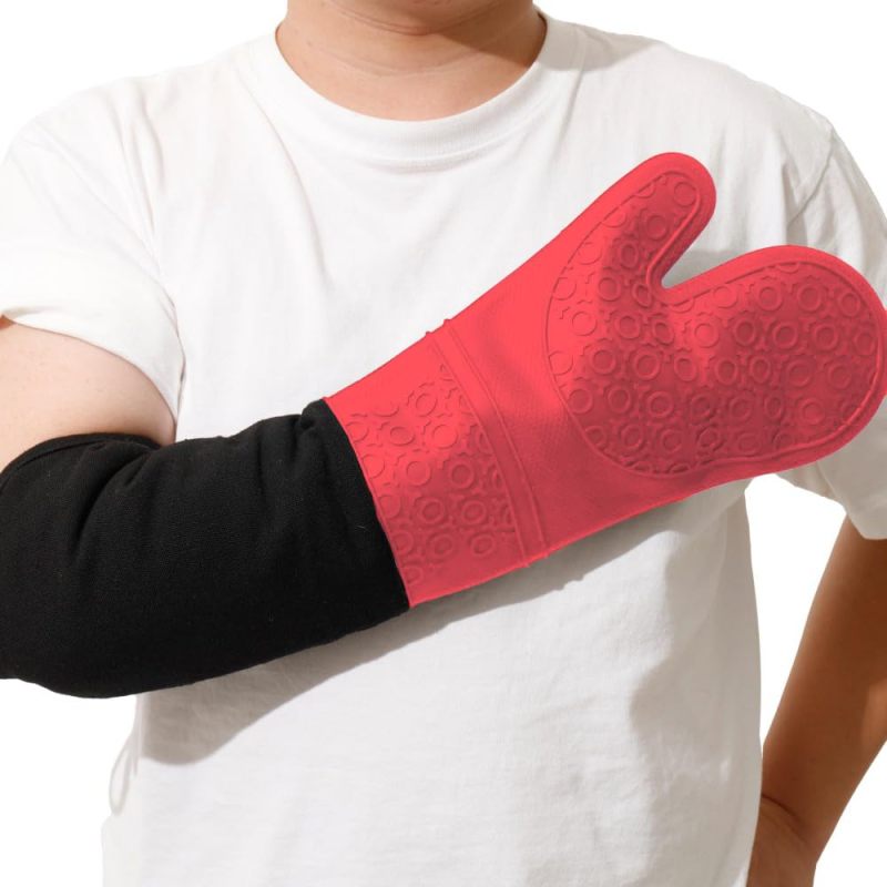 High temperature long-handled silicone anti-scalding gloves (2 pcs ...
