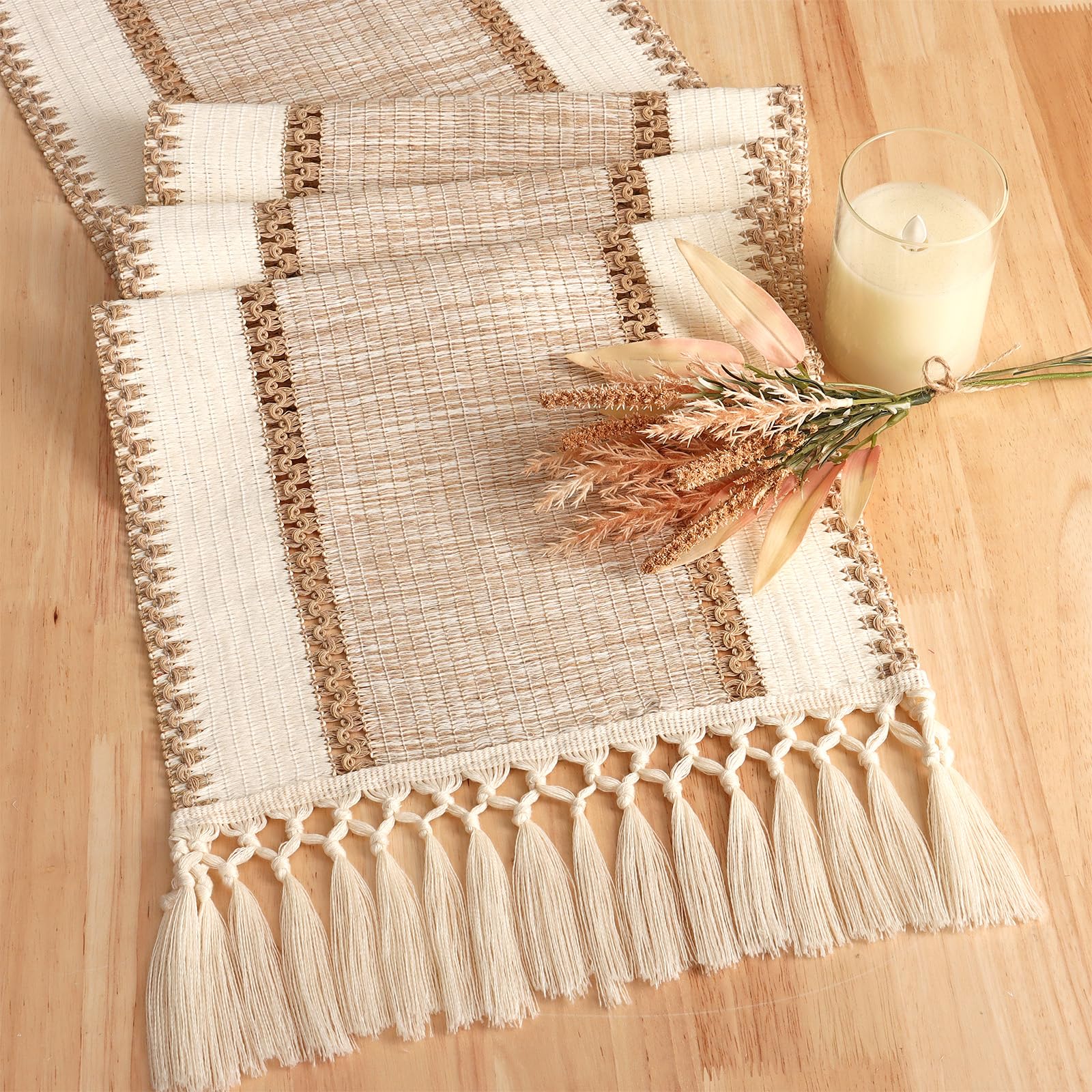 Juego de 2 caminos de mesa café vintage boho, algodón lino con macramé ...