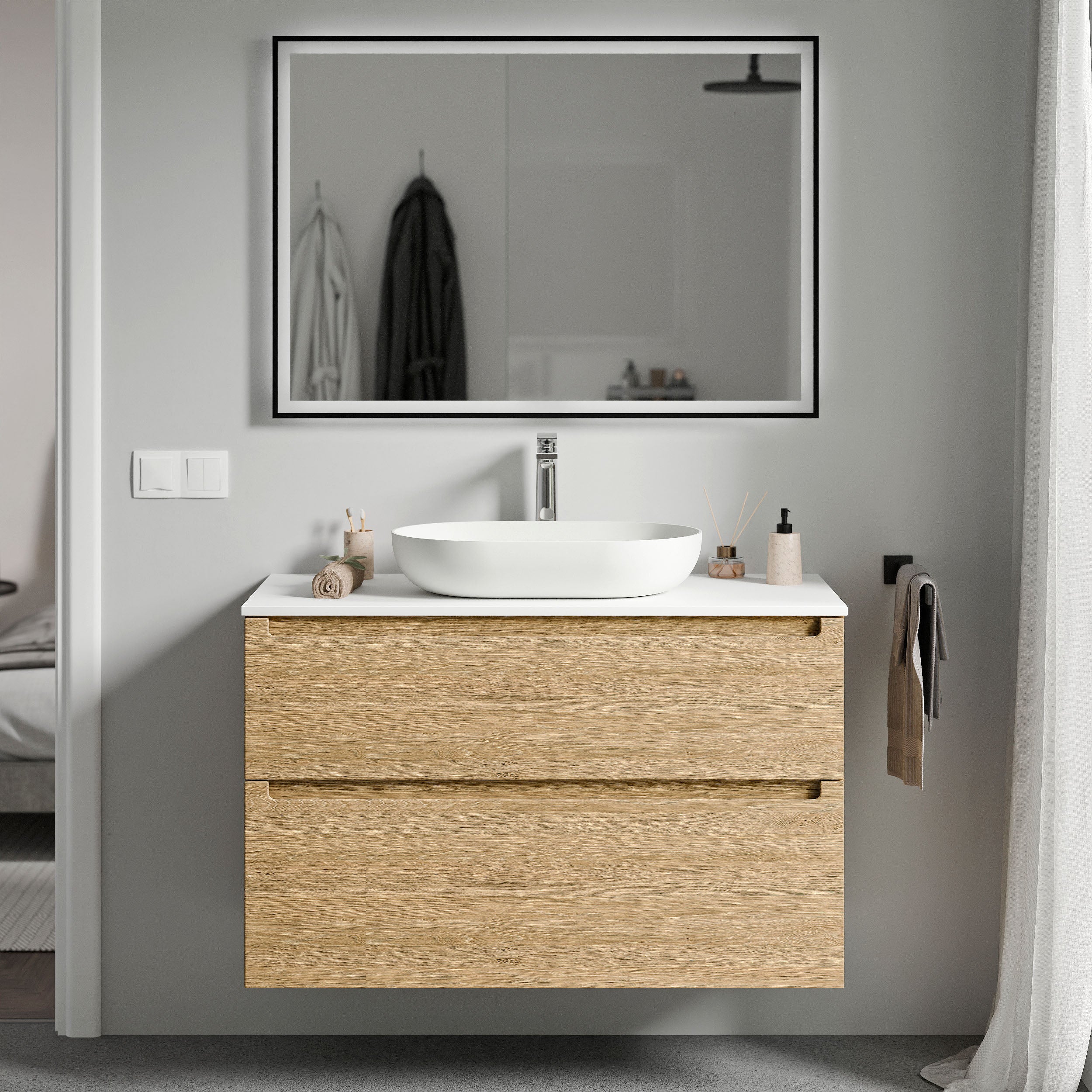 BERNSTEIN - Mueble lavabo suspendido MDF Roble Miel, encimera de lavabo ...