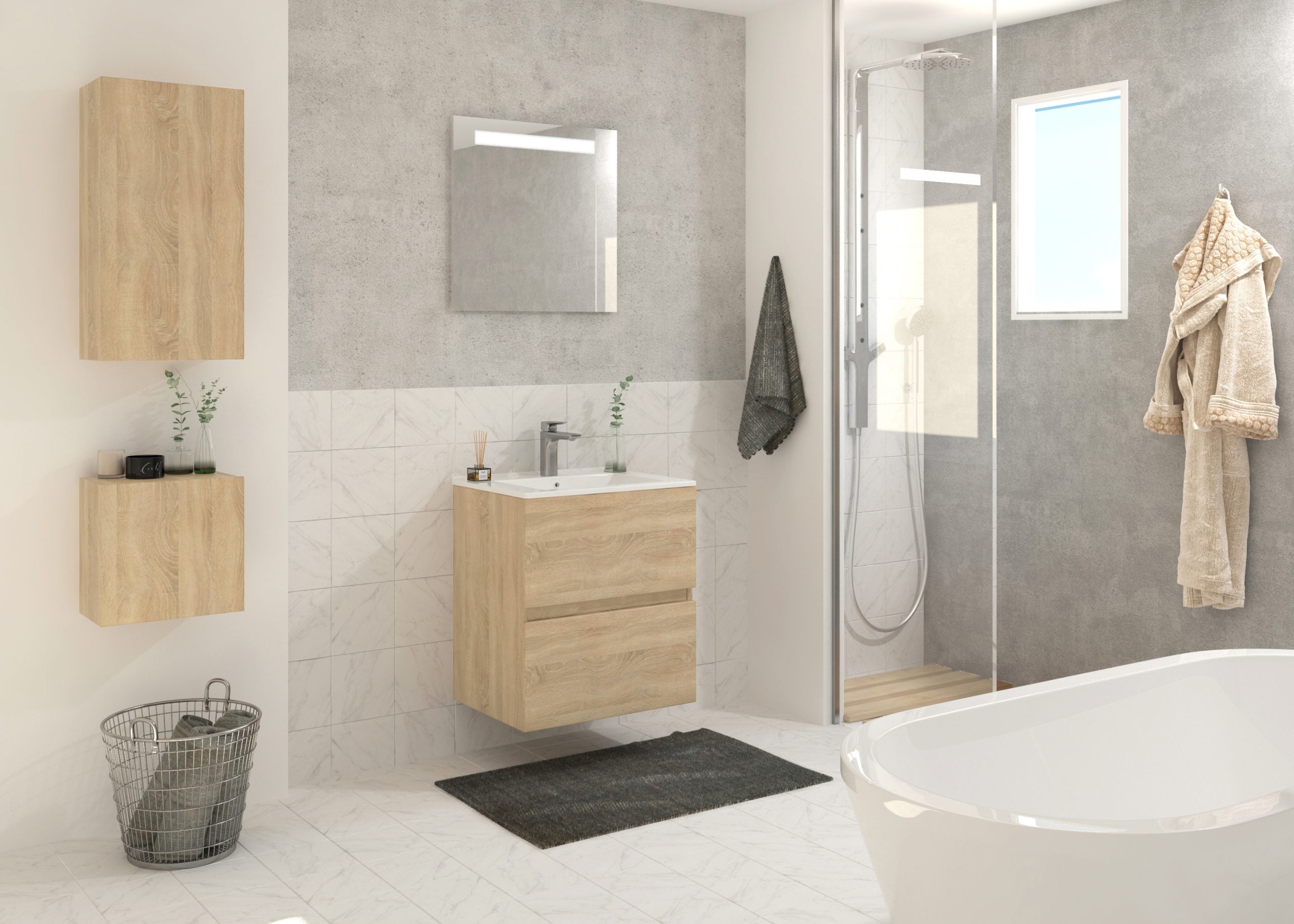 Mapau Pack Mueble de baño con lavabo y espejo led NEW ESSENTIEL dos cajones roble bardolino 60cm ...