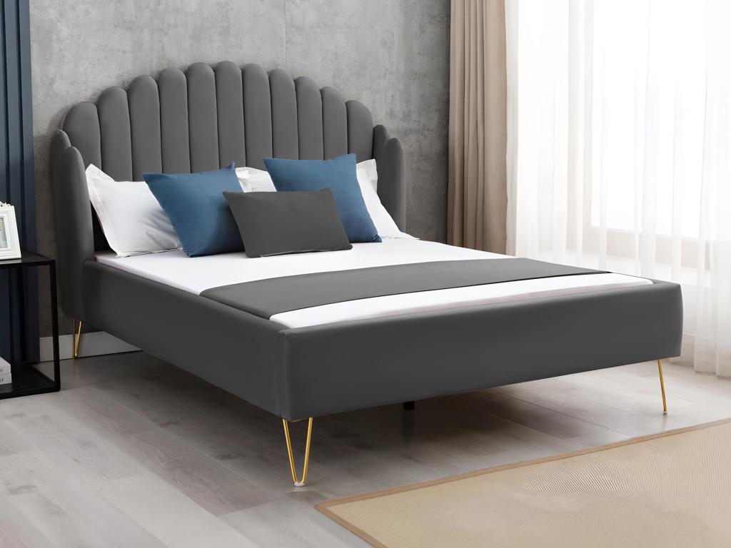 Lit 160 x 200 cm avec tête de lit ondulée - Velours - Gris - SAGALI ...