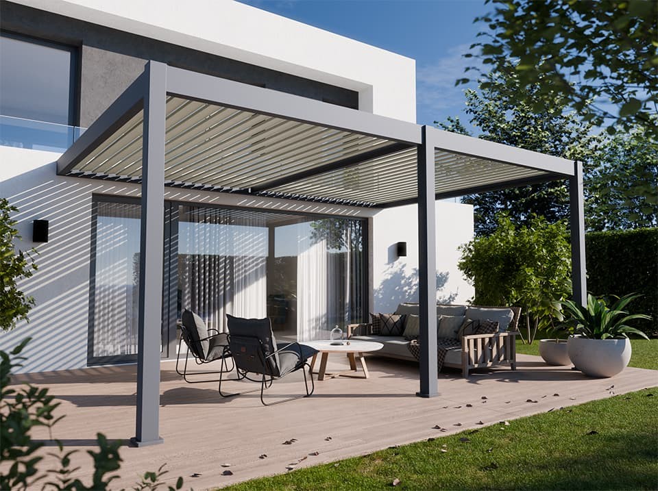Pérgola Bioclimática Adosada de Aluminio 19 m² - 3,6 x 5,3m - Gris ...