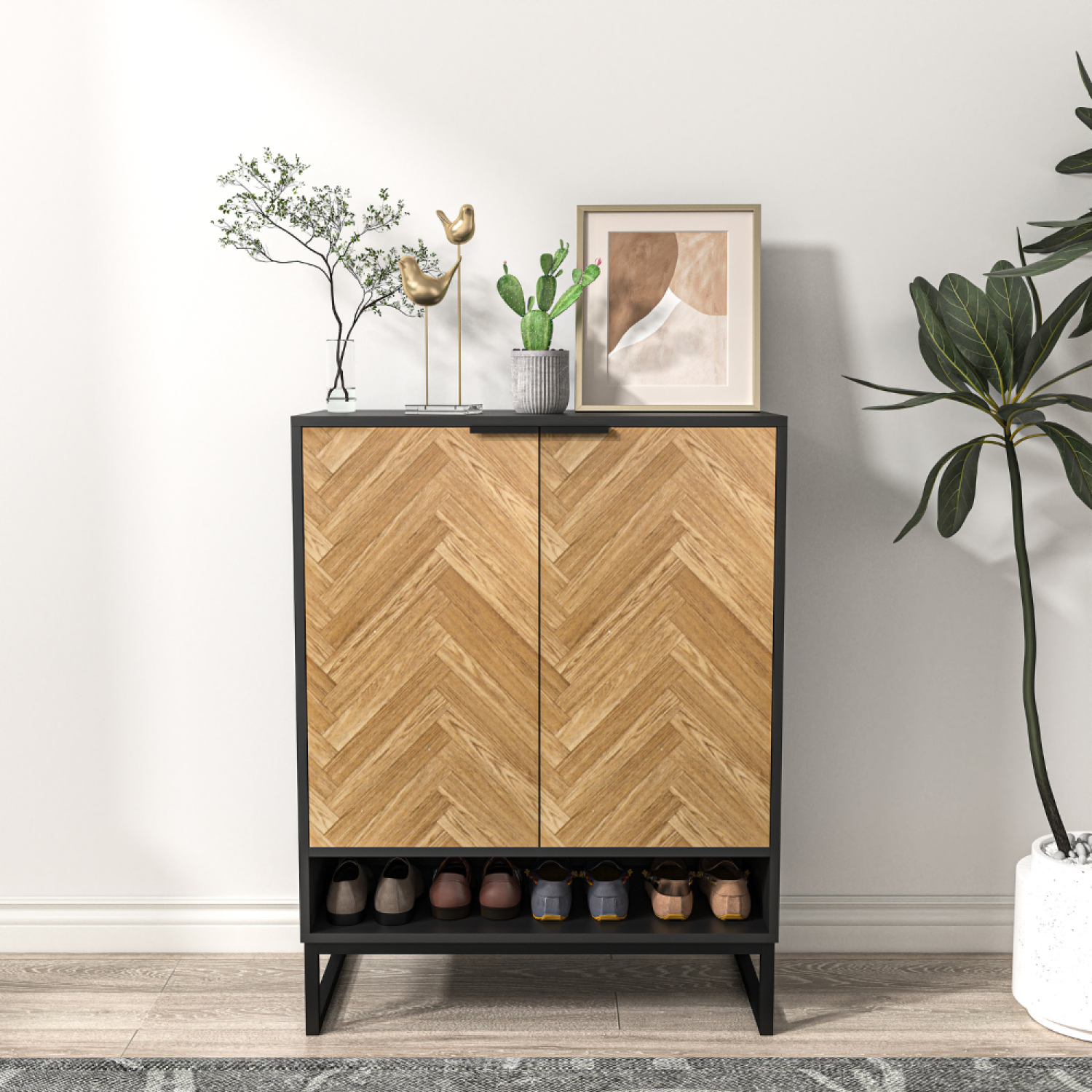 Mobile da corridoio in legno e spina di pesce nera con contenitori a ...