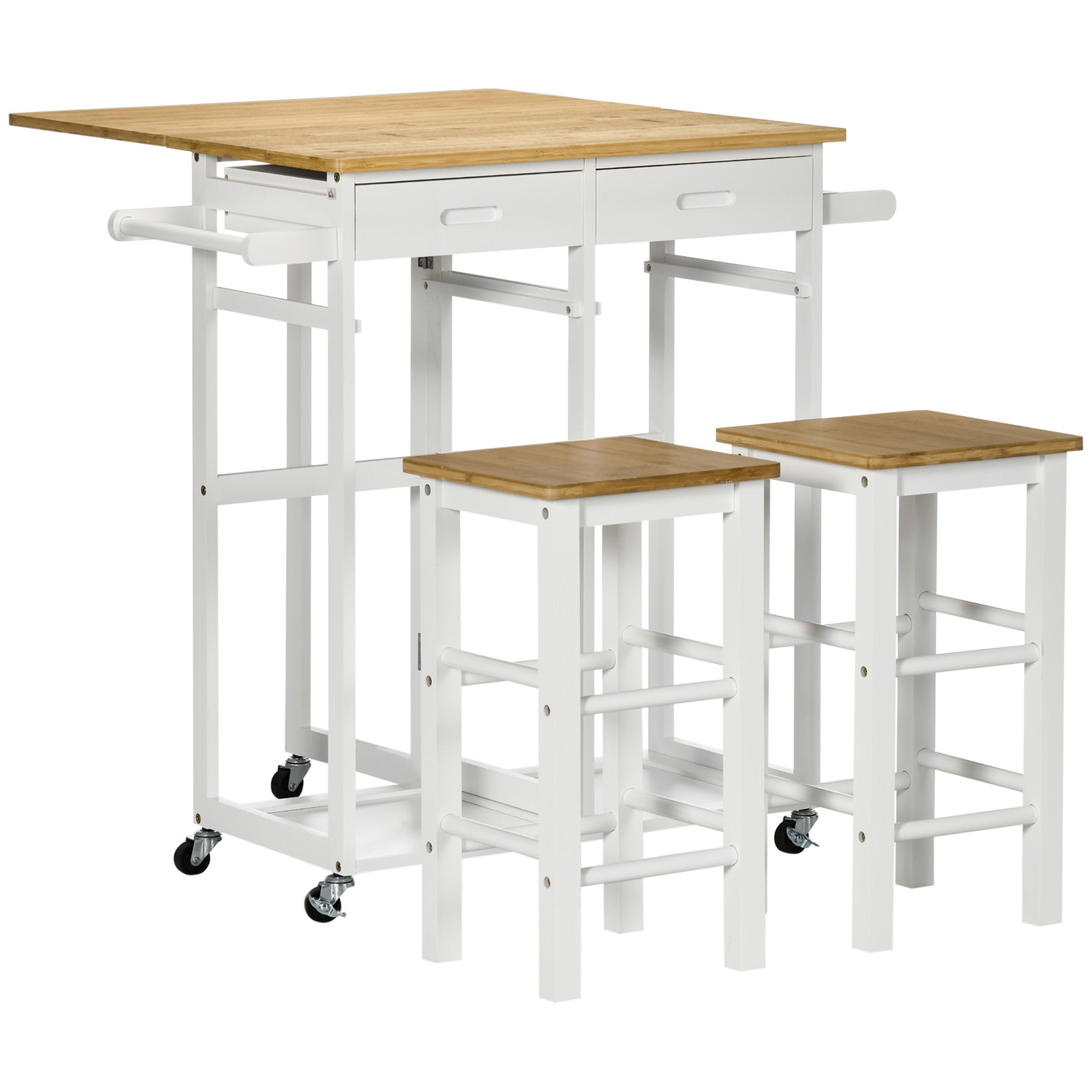 Ensemble table de bar pliable roulettes + 2 tabourets blanc et bois ...