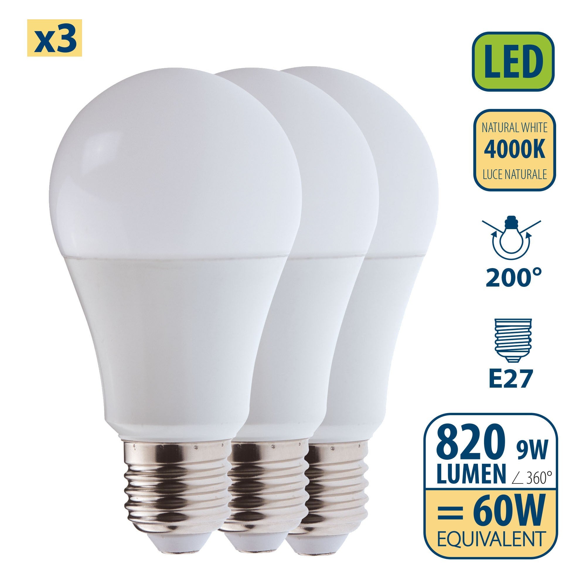 Pack de 3 bombillas LED SMD, Estándar A60, 9W/820lm, casquillo E27, 4000K | Leroy Merlin