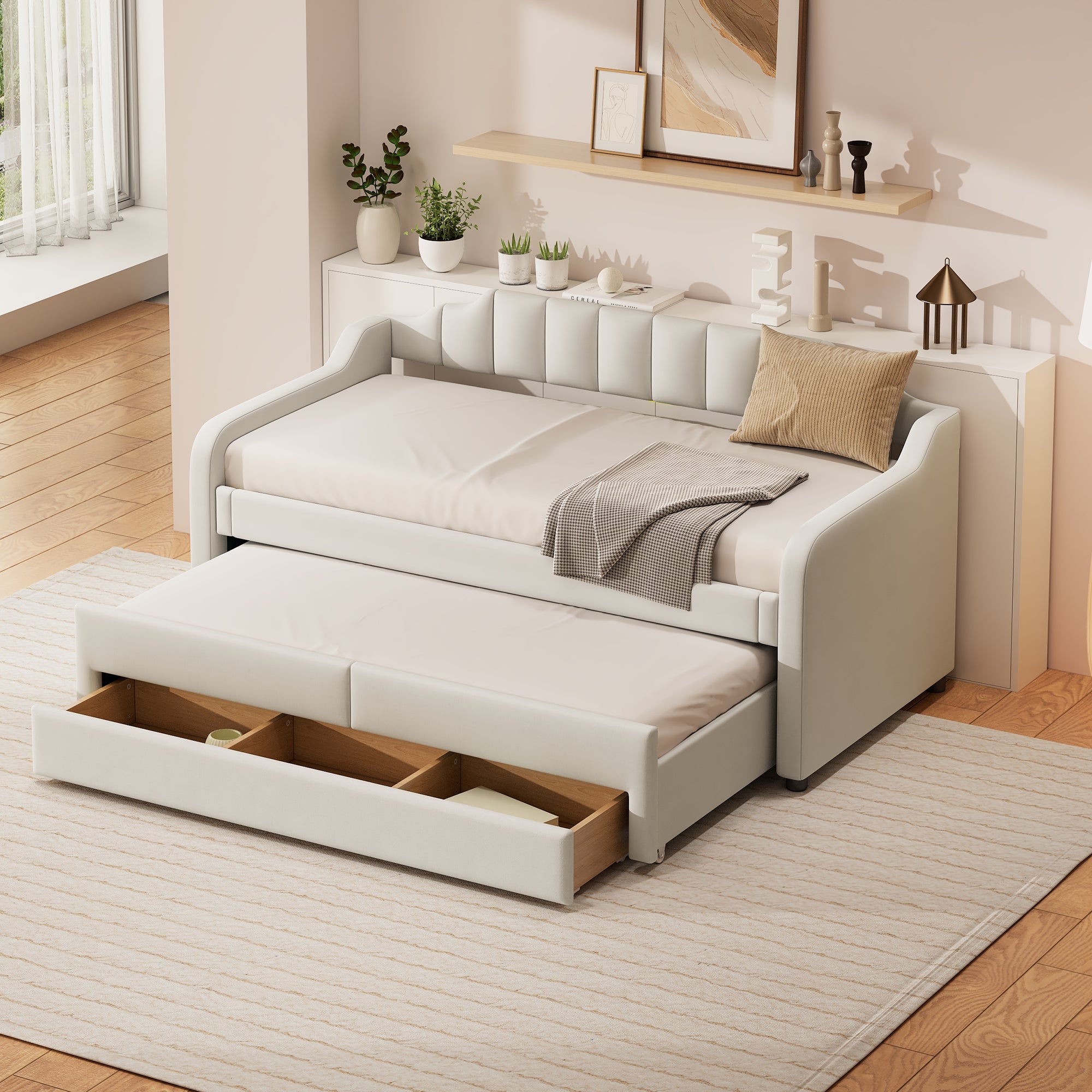 Lit banquette avec tiroirs rembourré en lin - 90x200cm + 90x190cm ...