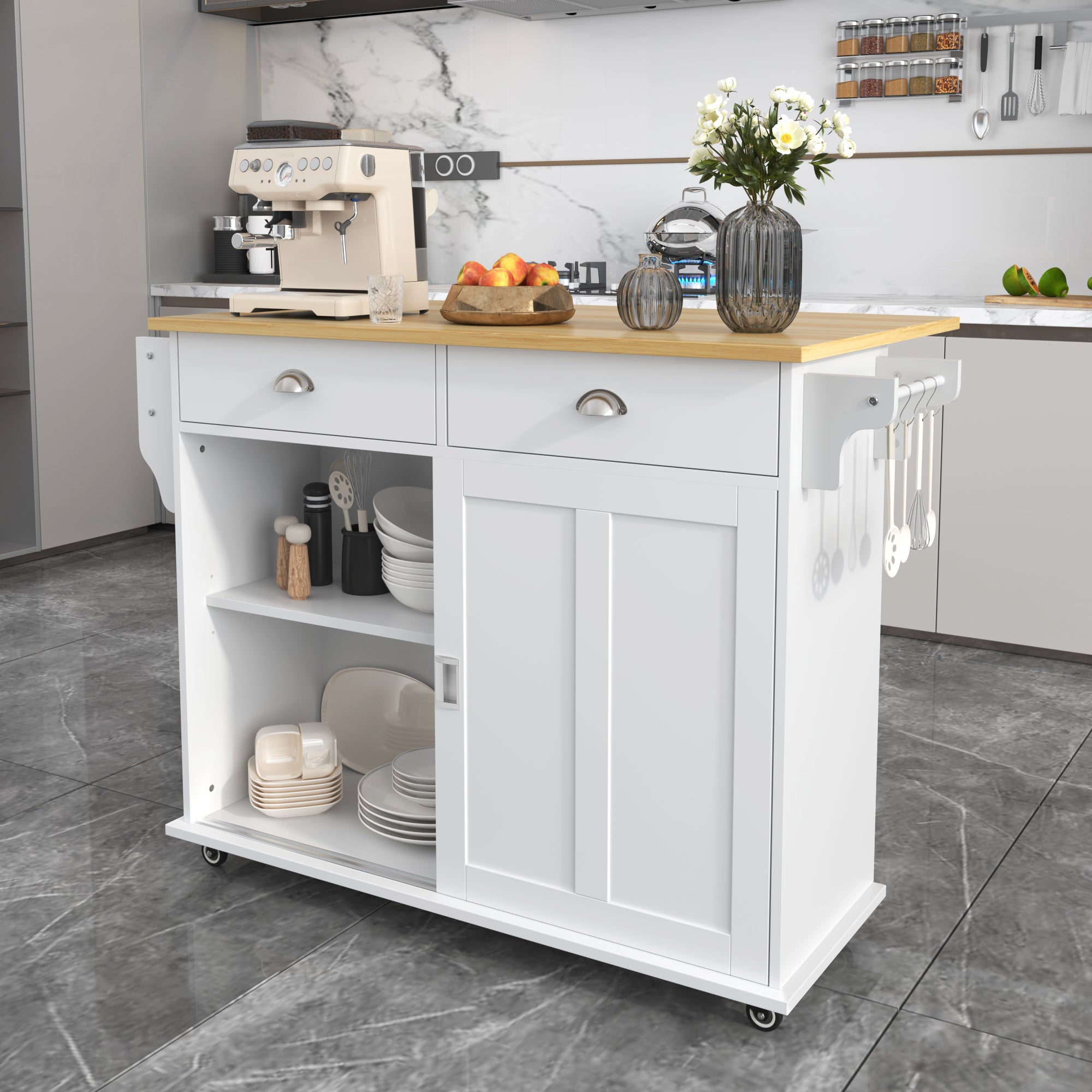 Isla central de cocina - 2 cajones y 2 puertas correderas - patas con ...