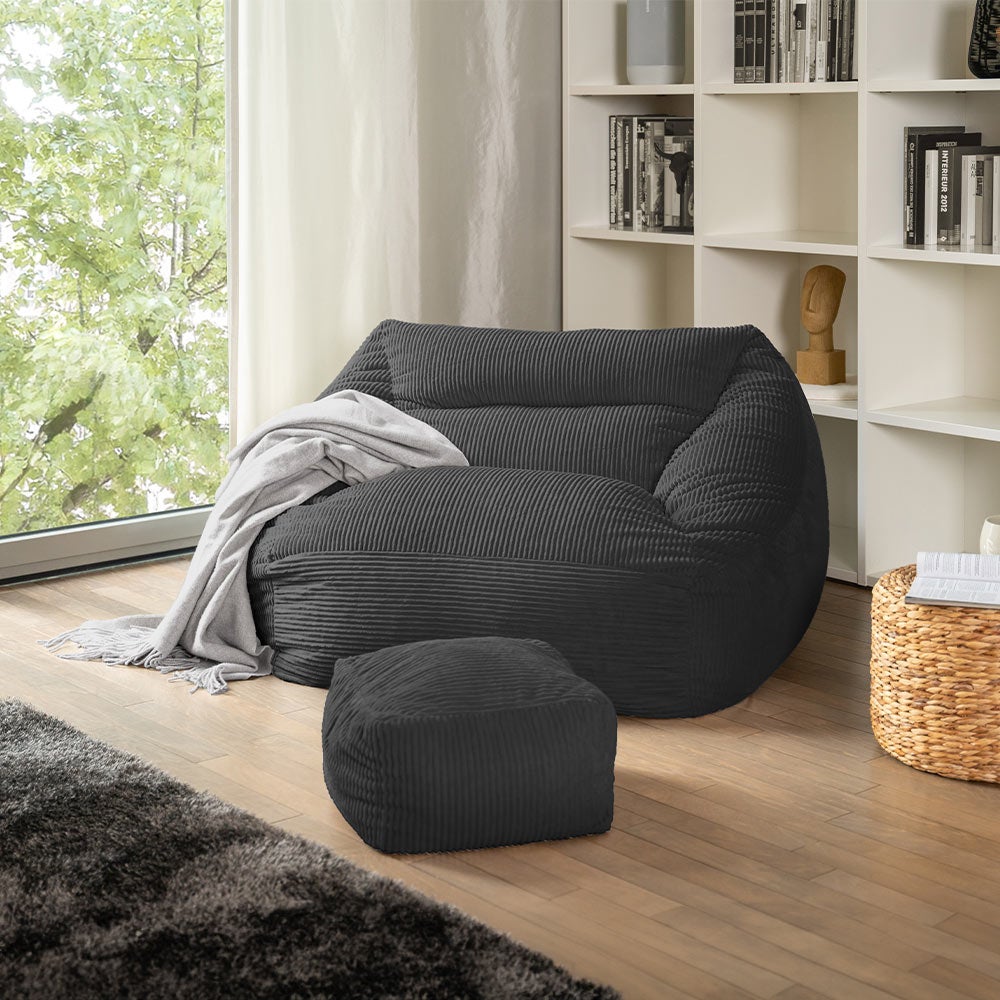 HOME DELUXE - Pouf COZY avec tabouret - Tissu : velours côtelé, couleur ...