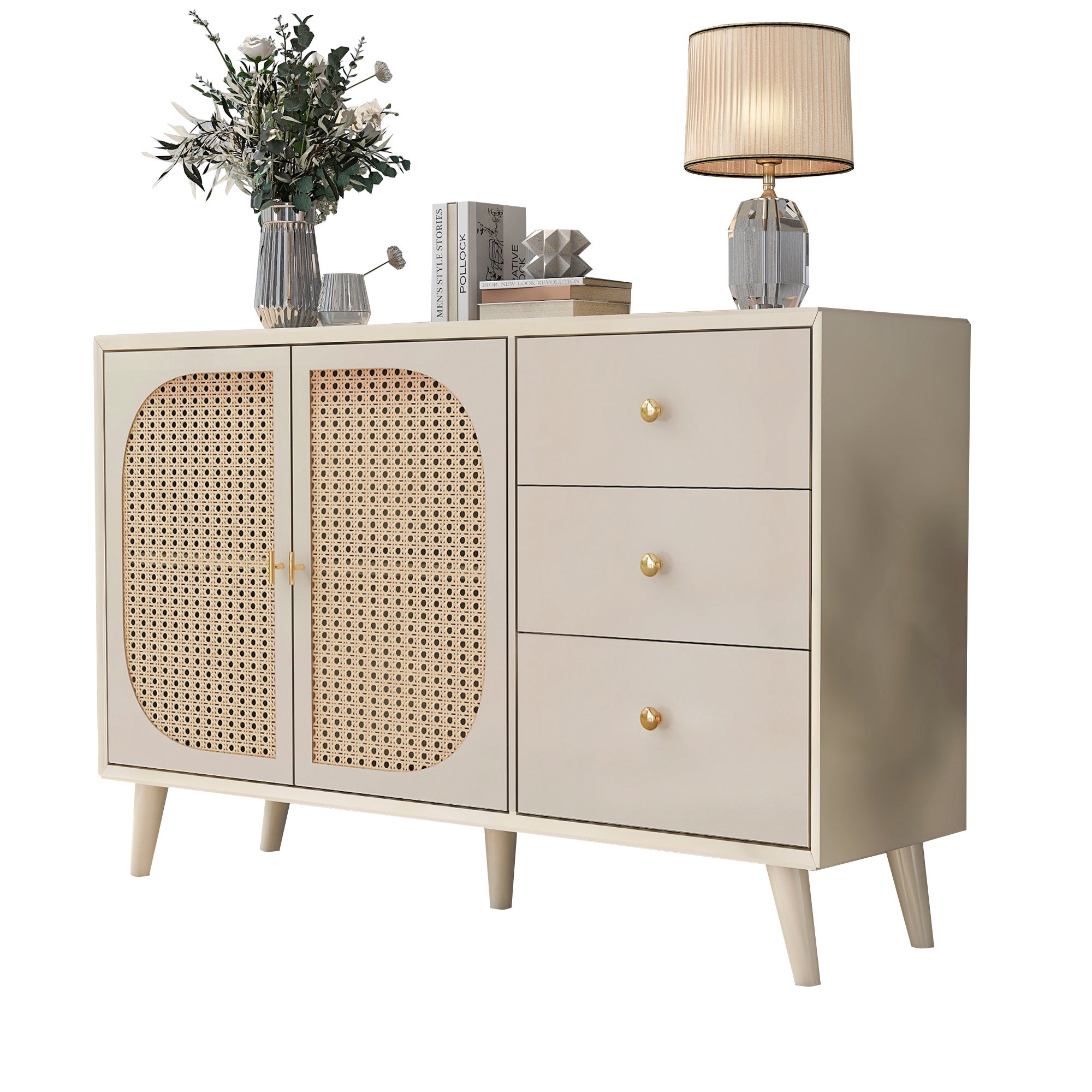 Buffet 120 cm 2 portes 2 tiroirs rangement intégré blanc cassé salle à ...