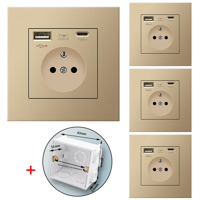 Ensemble de 4 prises murales avec USB et Type-C, 5V 2.1A, norme UE ...