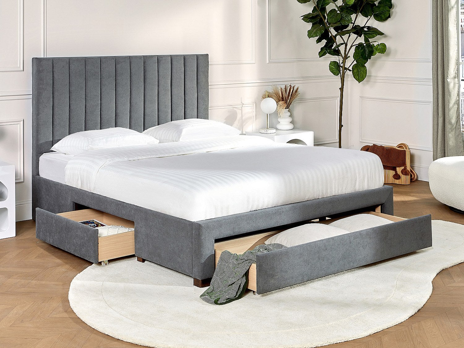 Lit avec 3 tiroirs 180 x 200 cm - Tissu - Gris + Matelas - LIAKO ...