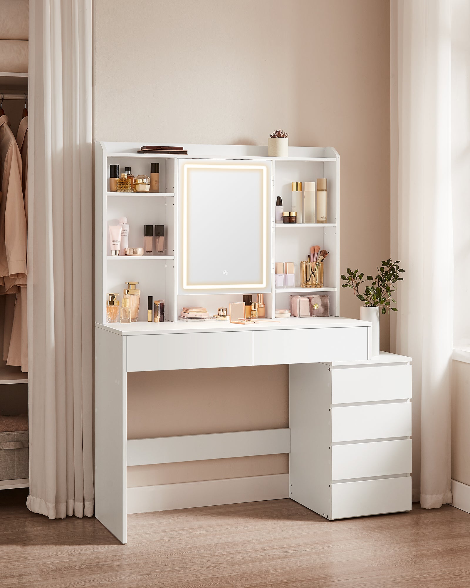 Coiffeuse, Grand Miroir LED à Luminosité Réglable, Compartiments ...