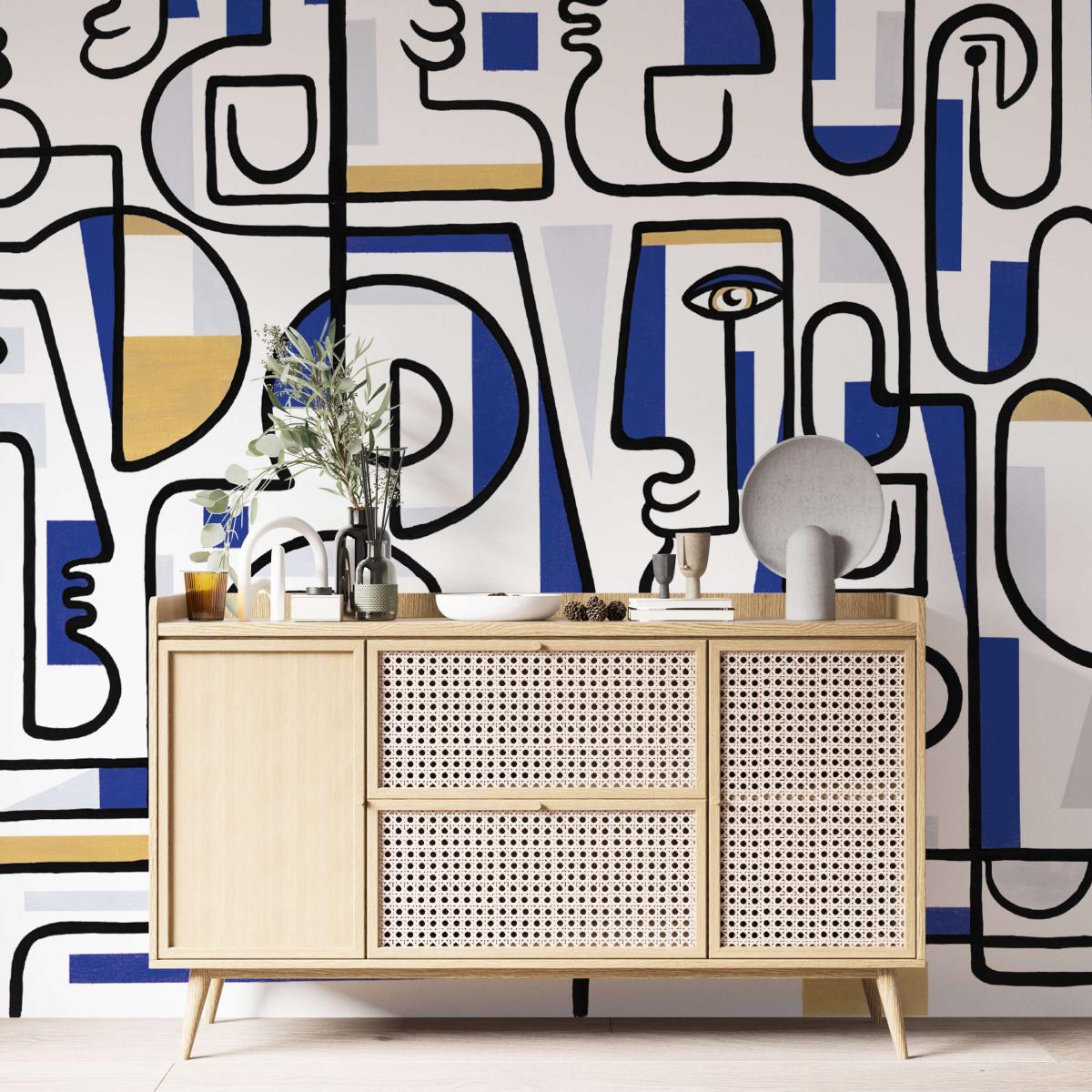 Papier peint panoramique et moderne avec visages abstraits - 255x260 cm ...