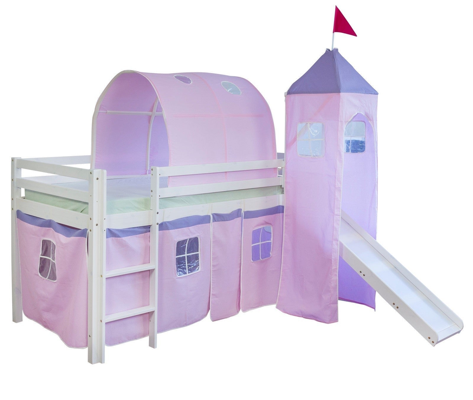 Lit mezzanine 90x200cm avec échelle toboggan en bois blanc et toile ...