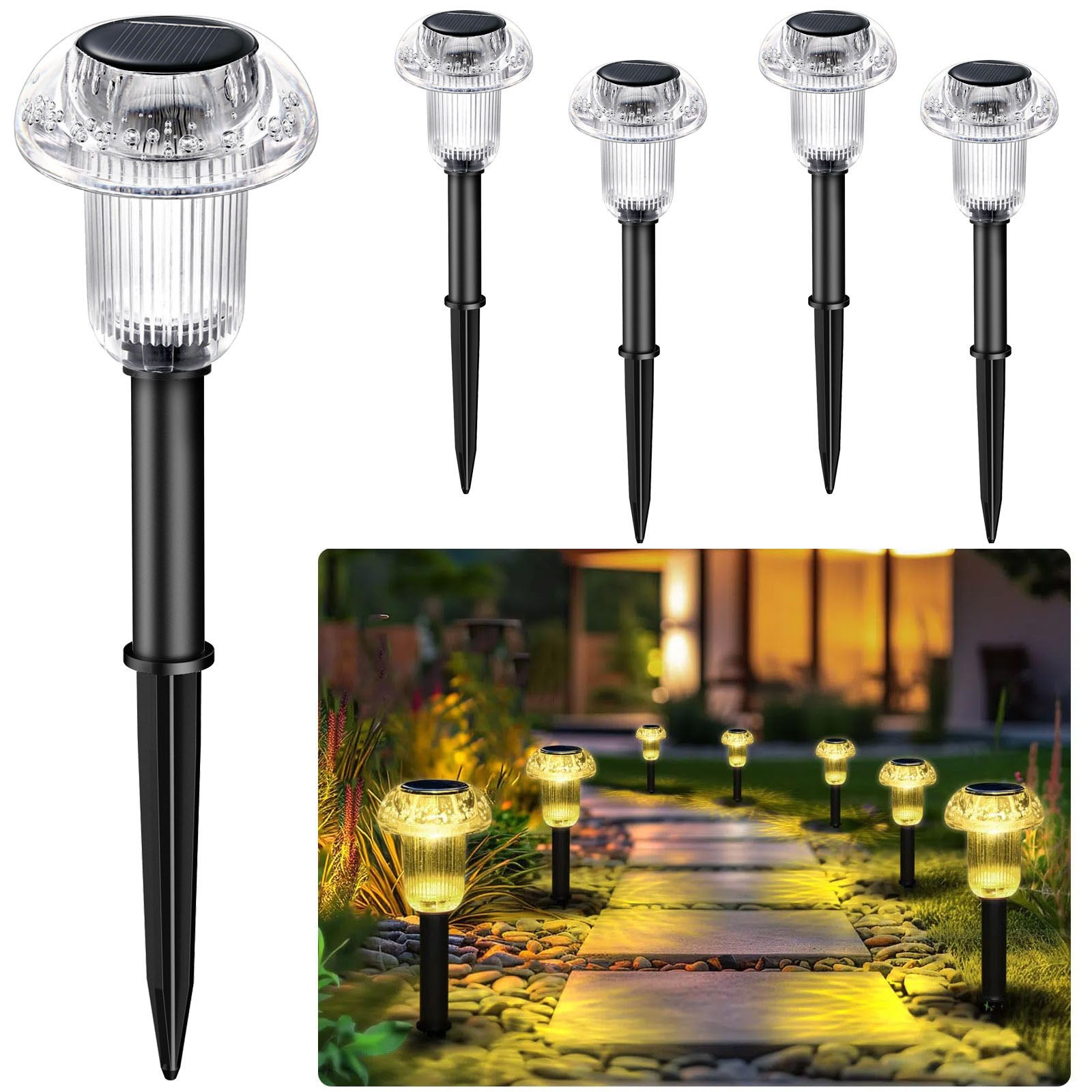 Lampes solaires d'extérieur - 4 Pack Lampes solaires pour allées en forme de champignon blanc ...