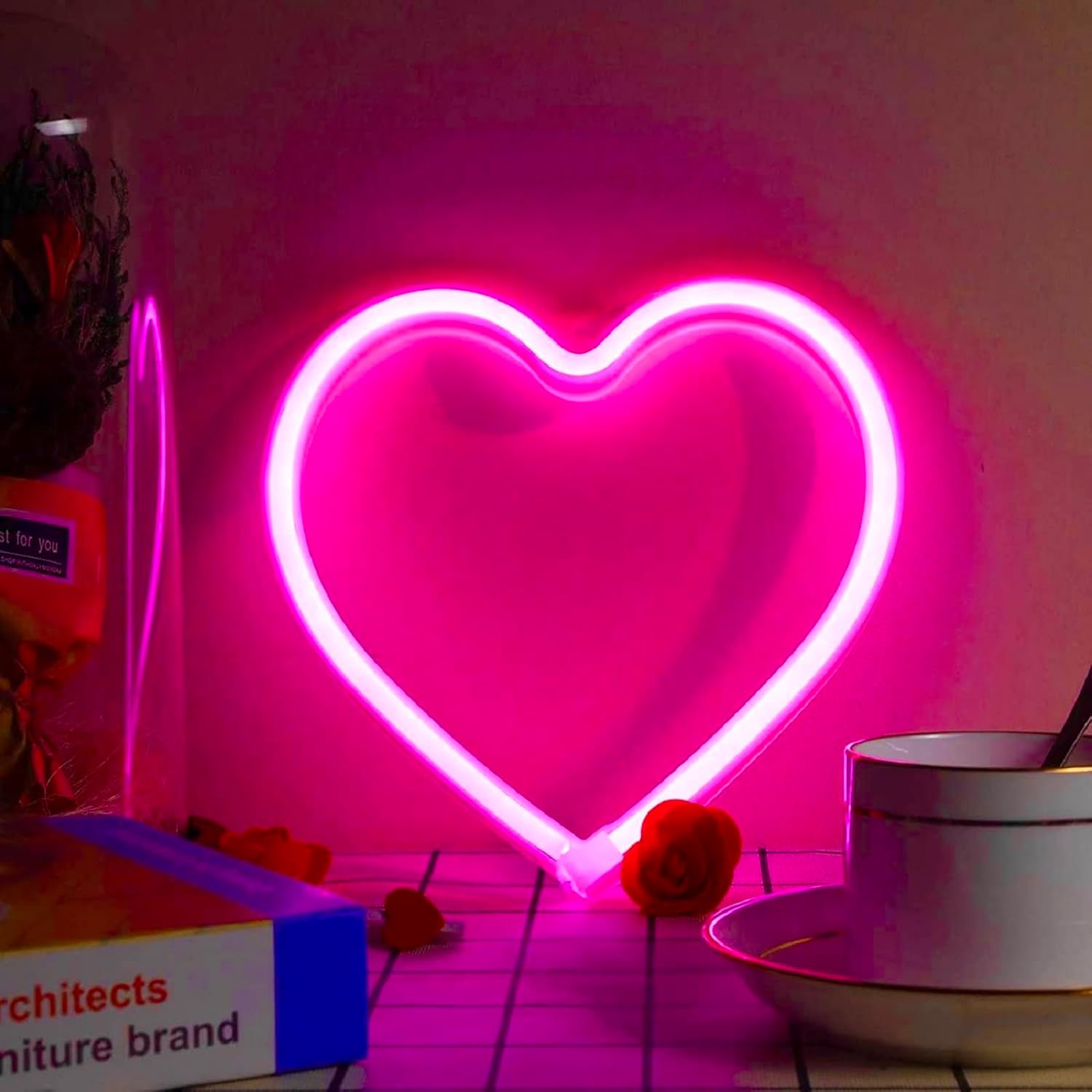 Pink Heart Neon Sign, LED Neon Light Battery Operated or USB Powered ...