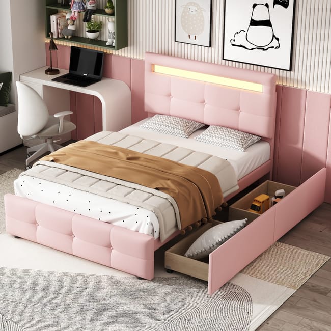Lit Rembourré Simple 90*200 cm Avec Lumières LED - 2 Tiroirs - En Lin ... Lit Rembourré Simple 90*200 cm Avec Lumières LED - 2 Tiroirs - En Lin ...