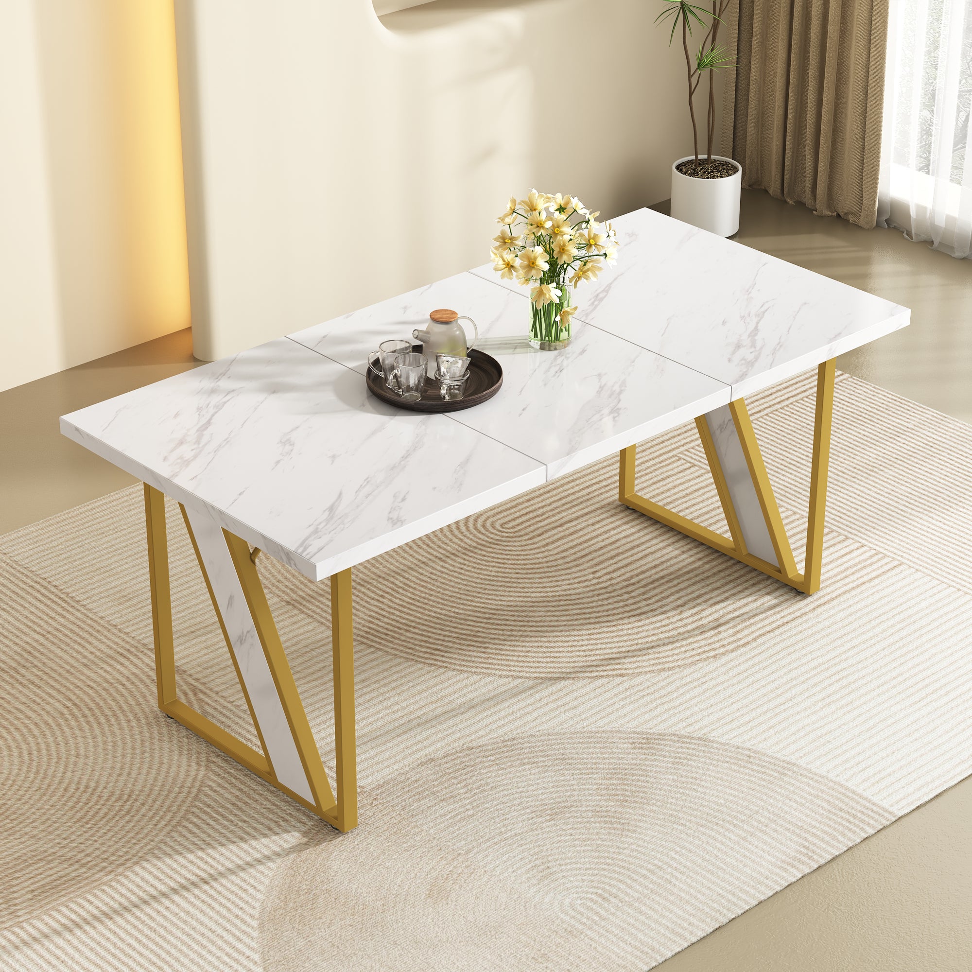 Table à manger moderne blanc, 160×80 cm, avec effet marbre pour 4 ...