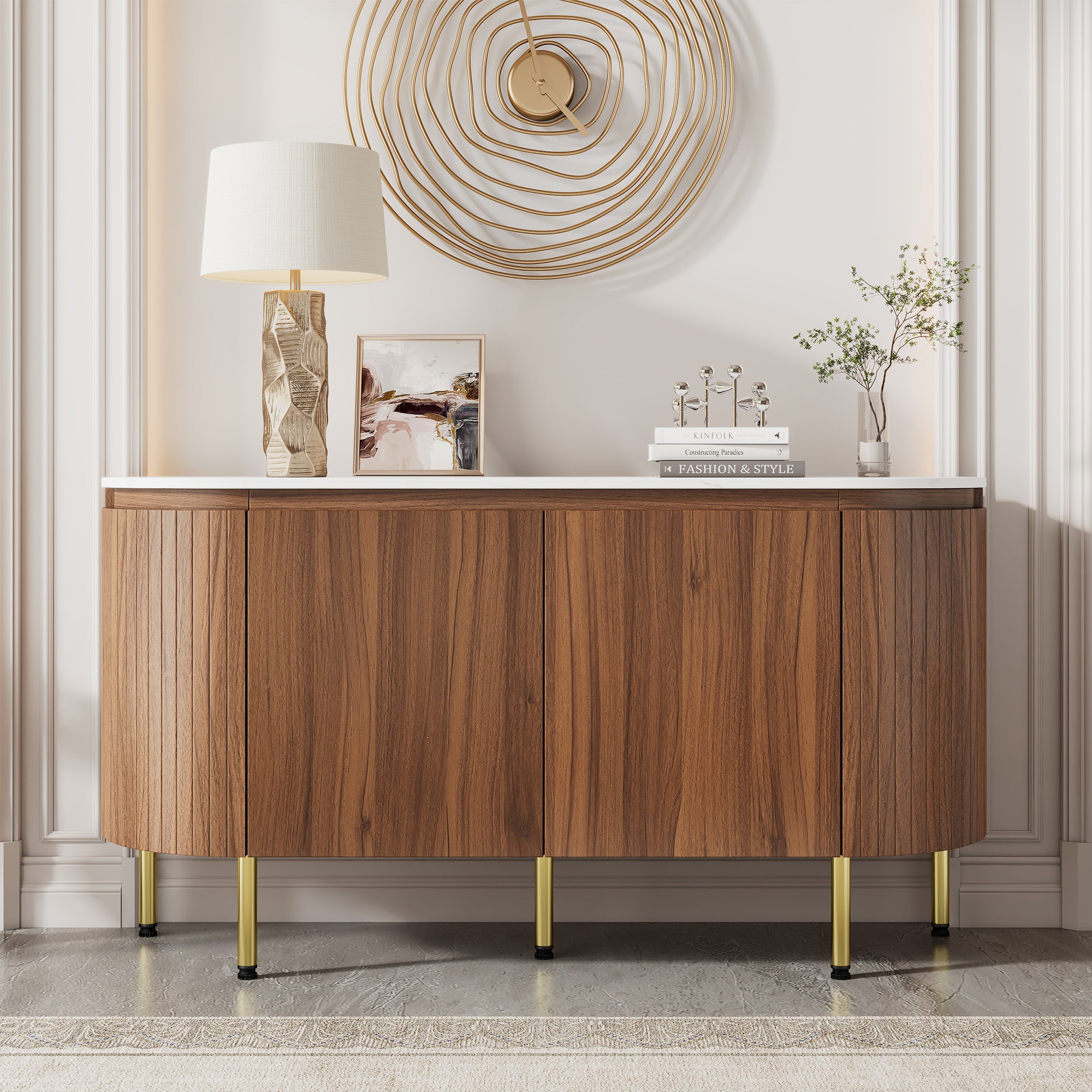 Buffet arrondi design avec étagères réglables et pieds métal, finition ...