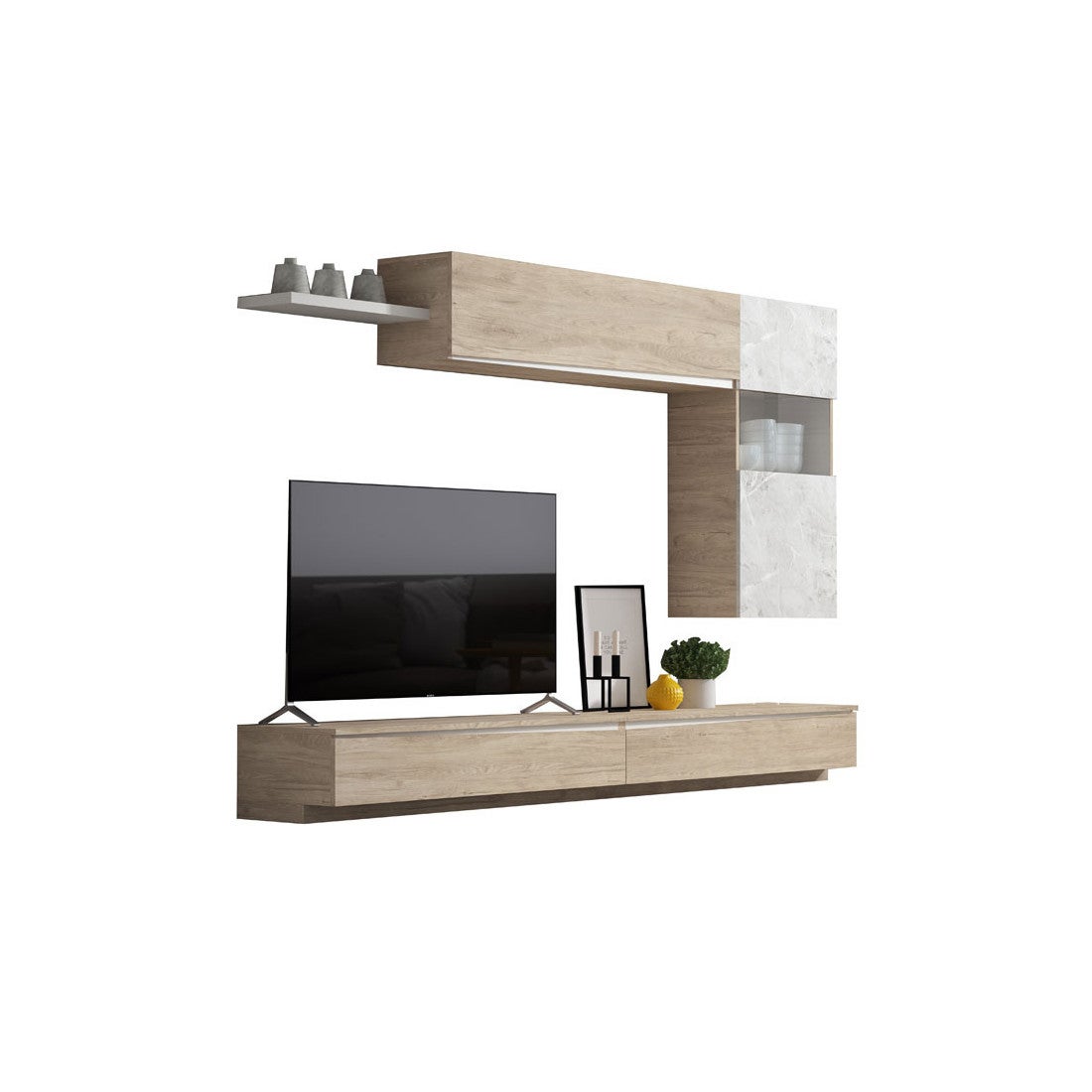 Composition TV Bois clair/Marbre blanc - CAMELIA n°1 | Leroy Merlin