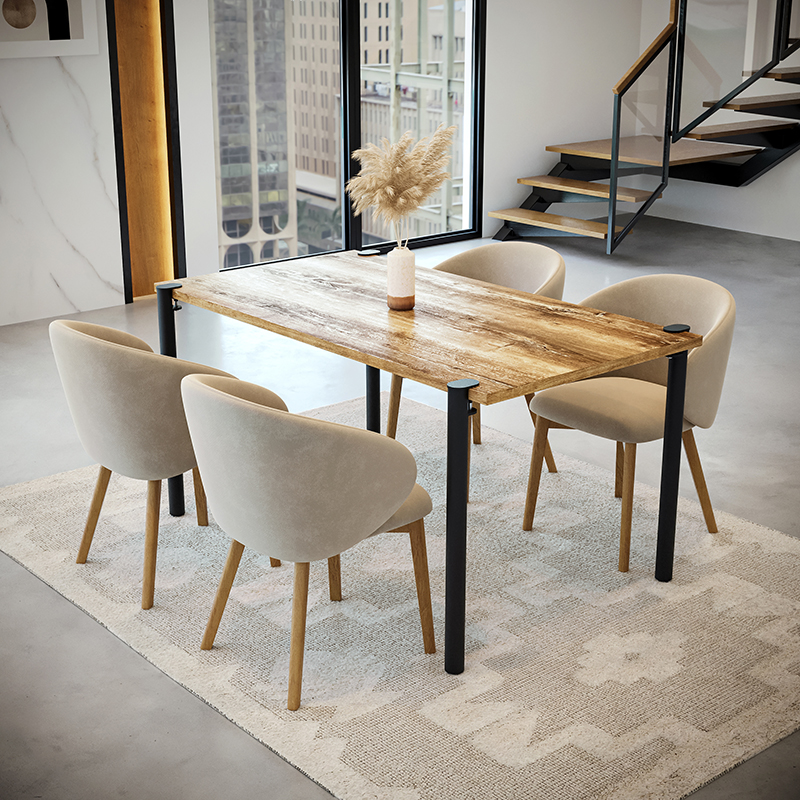 Table à manger rectangle DECO-GEM, 6 pers. Décor chêne vieilli. 4 pieds ...