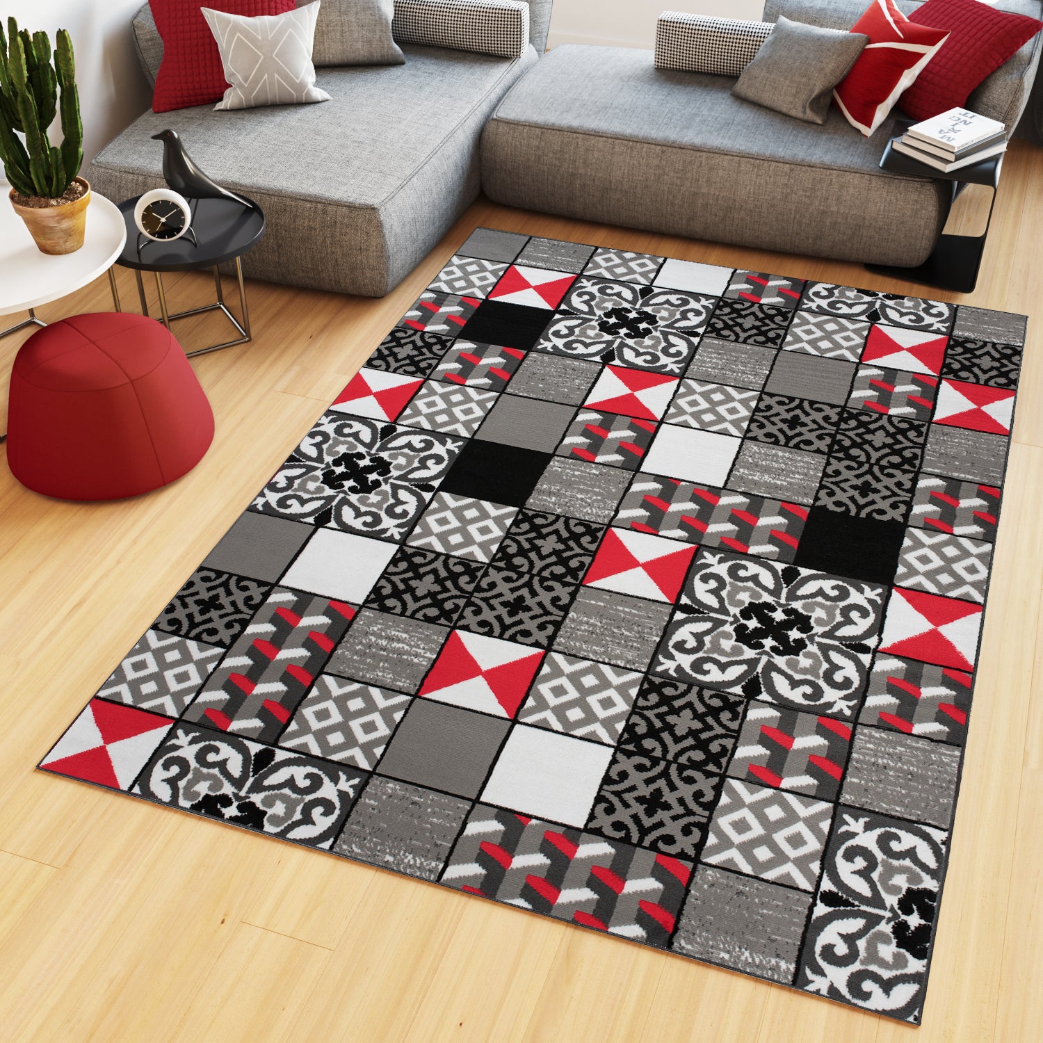 TAPISO Maya Tapis Salon Chambre Rouge Gris Noir Triangle Fleure ...