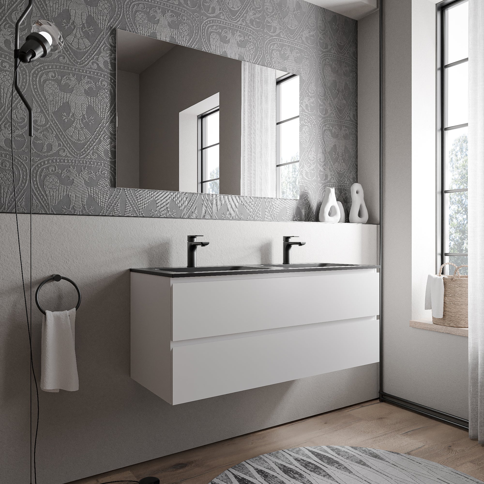 BERNSTEIN - Meuble double vasque suspendu MDF Blanc mat, 2 lavabos ...