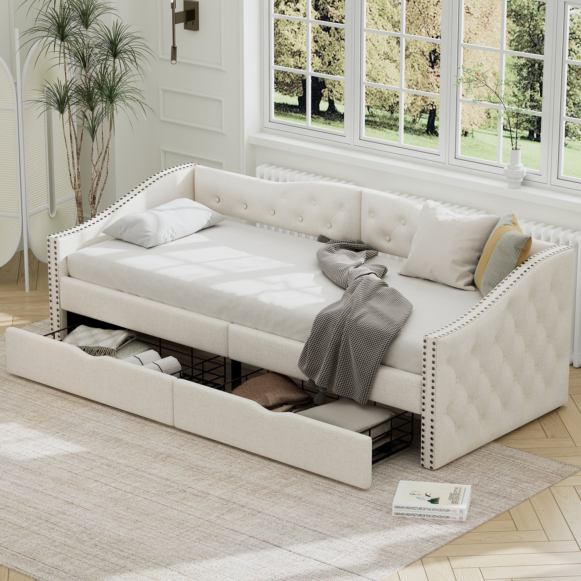 Sofá cama individual 90x200 cm con 2 cajones - tejido de lino - Blanco ...