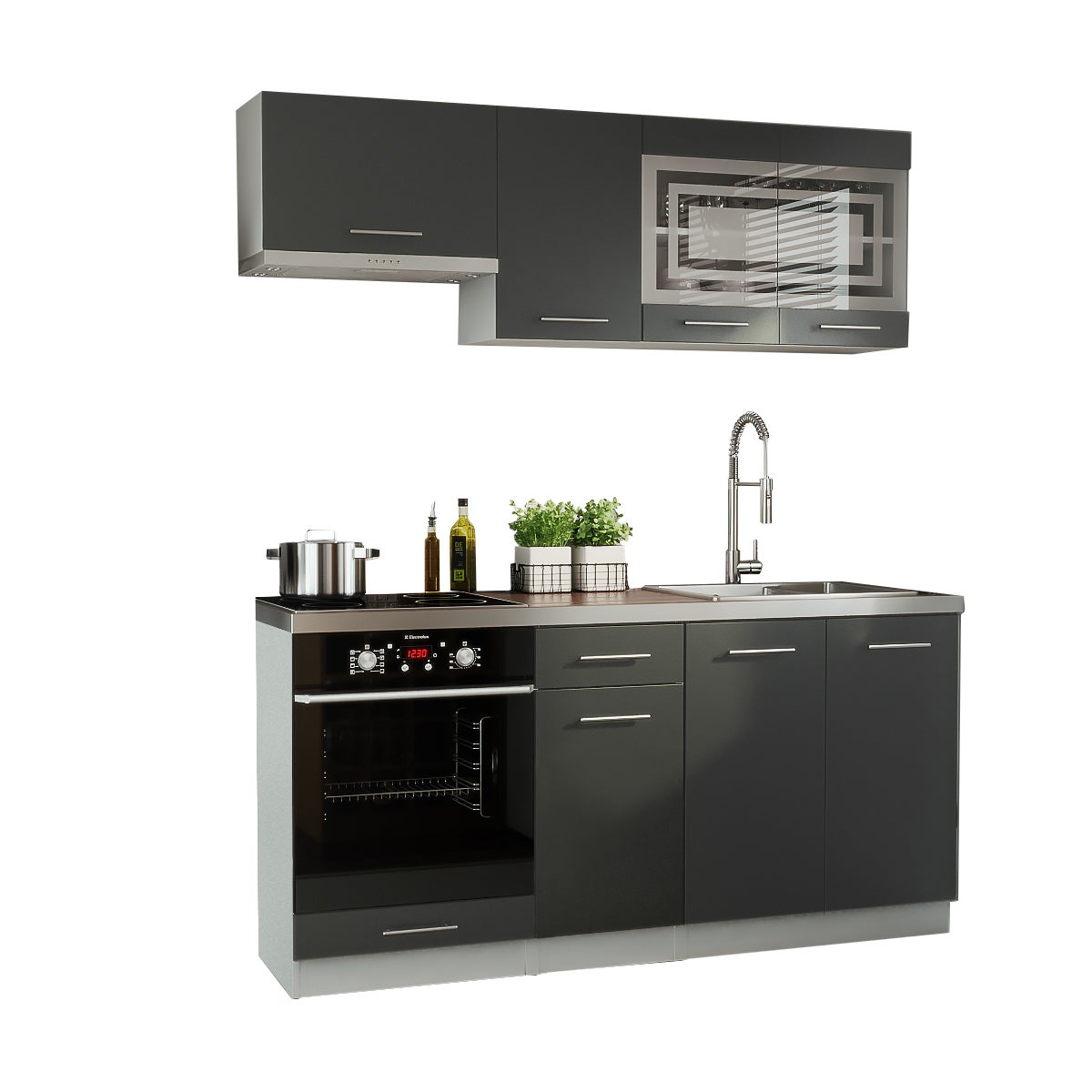 Cuisine GIOVANNA 6 éléments - graphite mat 1m80 portes vitrées four ...