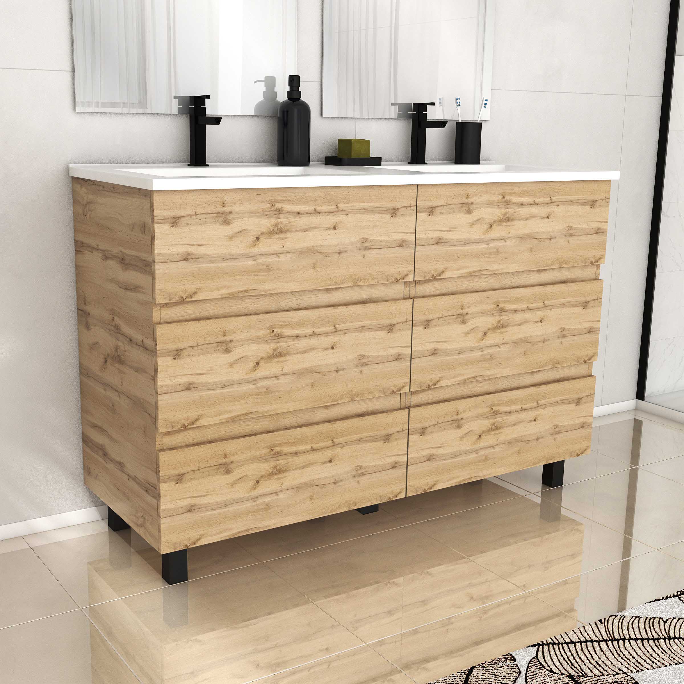 Mueble de Baño 120cm 6 Cajones_Roble Natural + Lavabo de cerámica ...