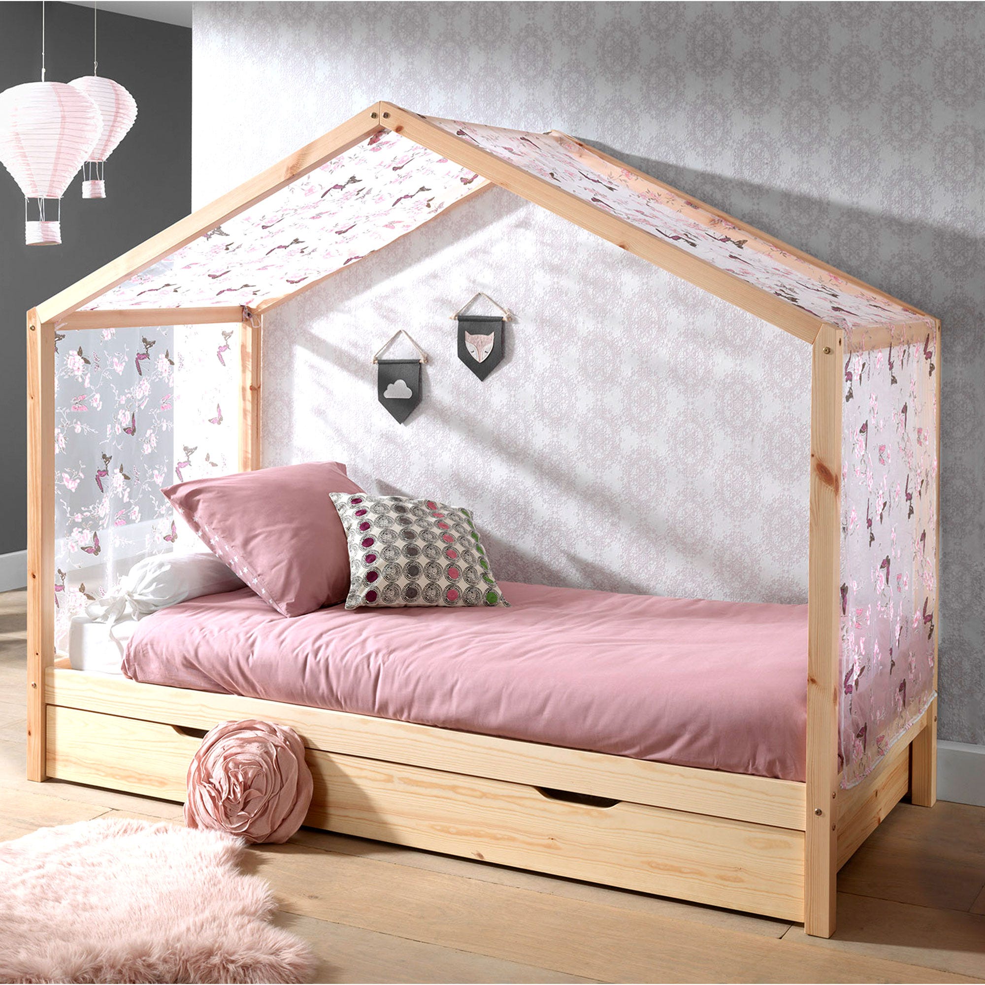 Lit cabane 90x200 cm en pin naturel avec tiroir et textile - NINOU ... Lit cabane 90x200 cm en pin naturel avec tiroir et textile - NINOU ...