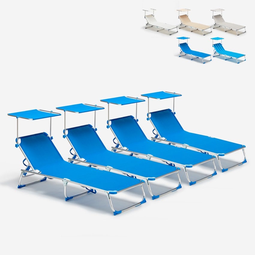 4 transats de plage bains de soleil pliants avec pare-soleil California ...