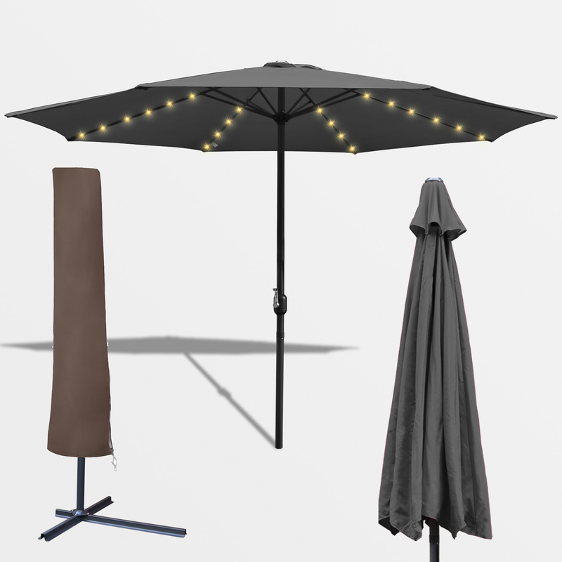 Parasol avec LED et housse de protection 350 cm gris avec manivelle ...