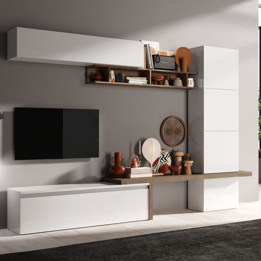 Composition TV 6 portes Blanc brillant/Chêne noisette - IMOLA | Leroy ...
