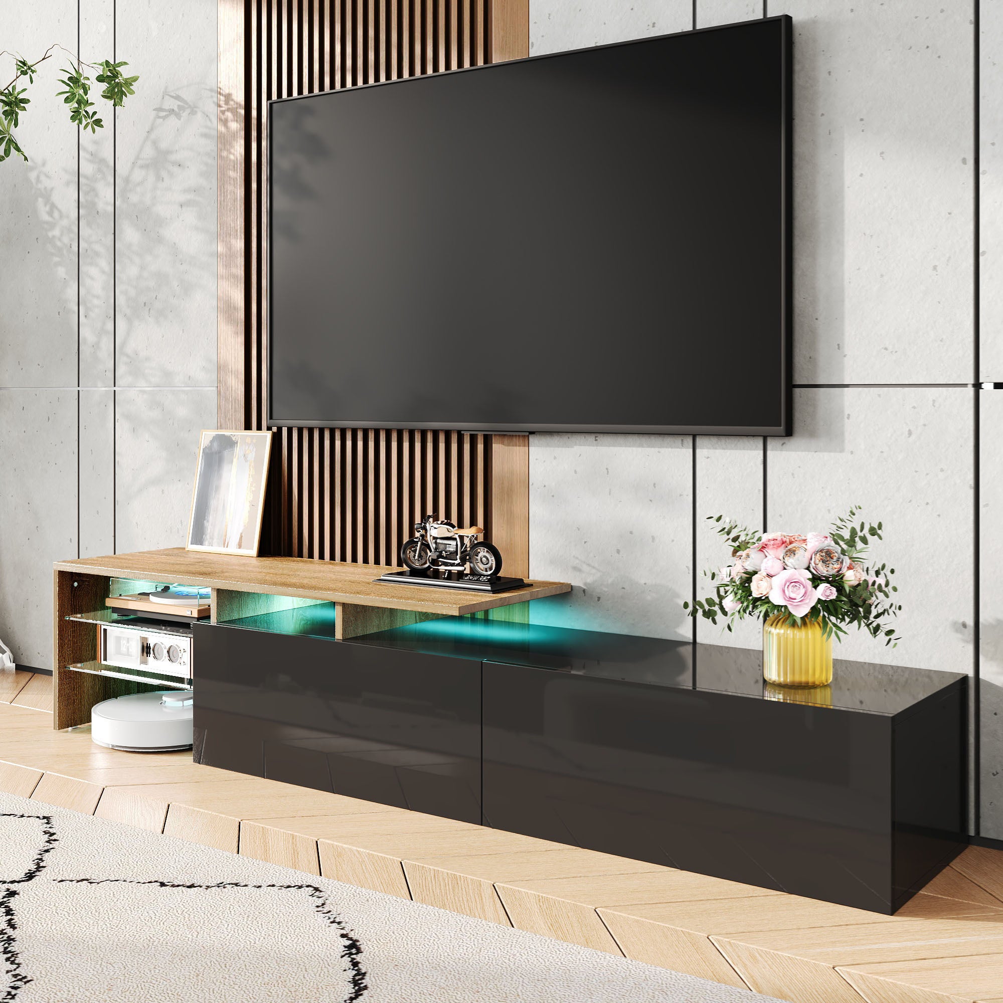 Mueble TV 170x33x33.5cm amplios compartimentos estantes de vidrio tira ...