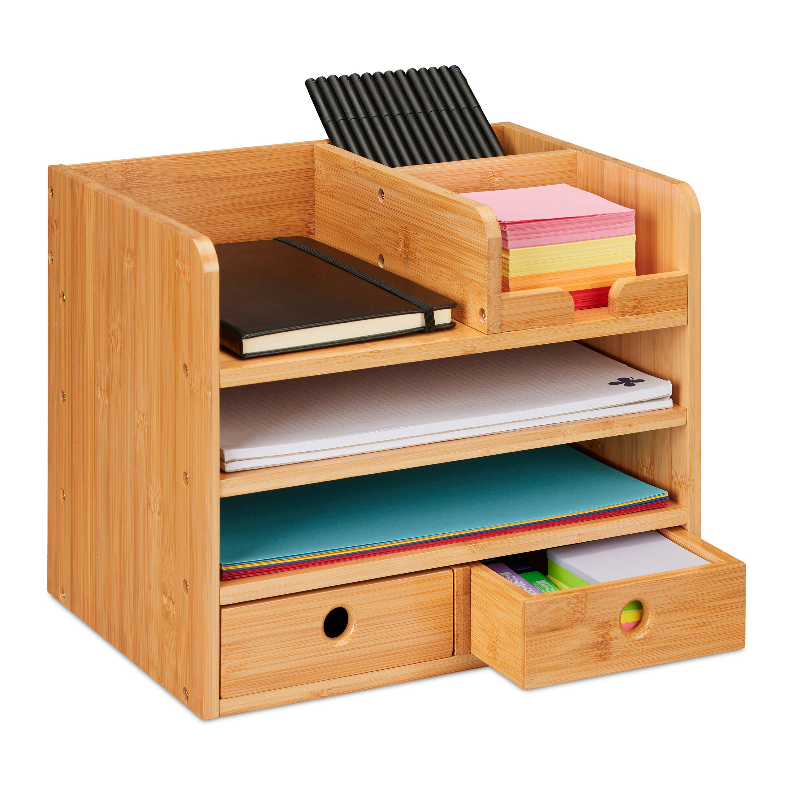 Relaxdays Organisateur bureau, 2 tiroirs, 5 compartiments, HxLxP: 26,5 x 33 x 24 cm, bambou ...