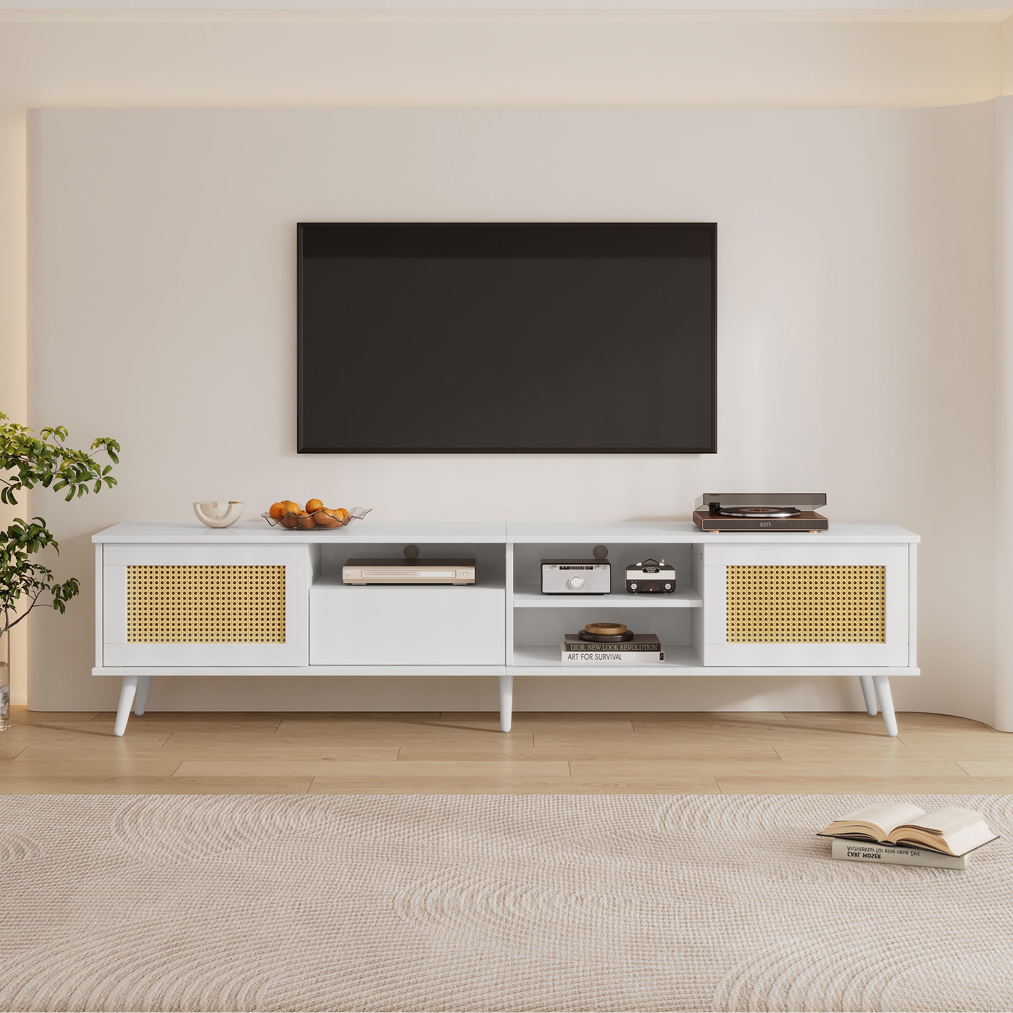 Szafka RTV z 2 drzwiami rattanowymi, 1 szufladą i 3 otwartymi ...