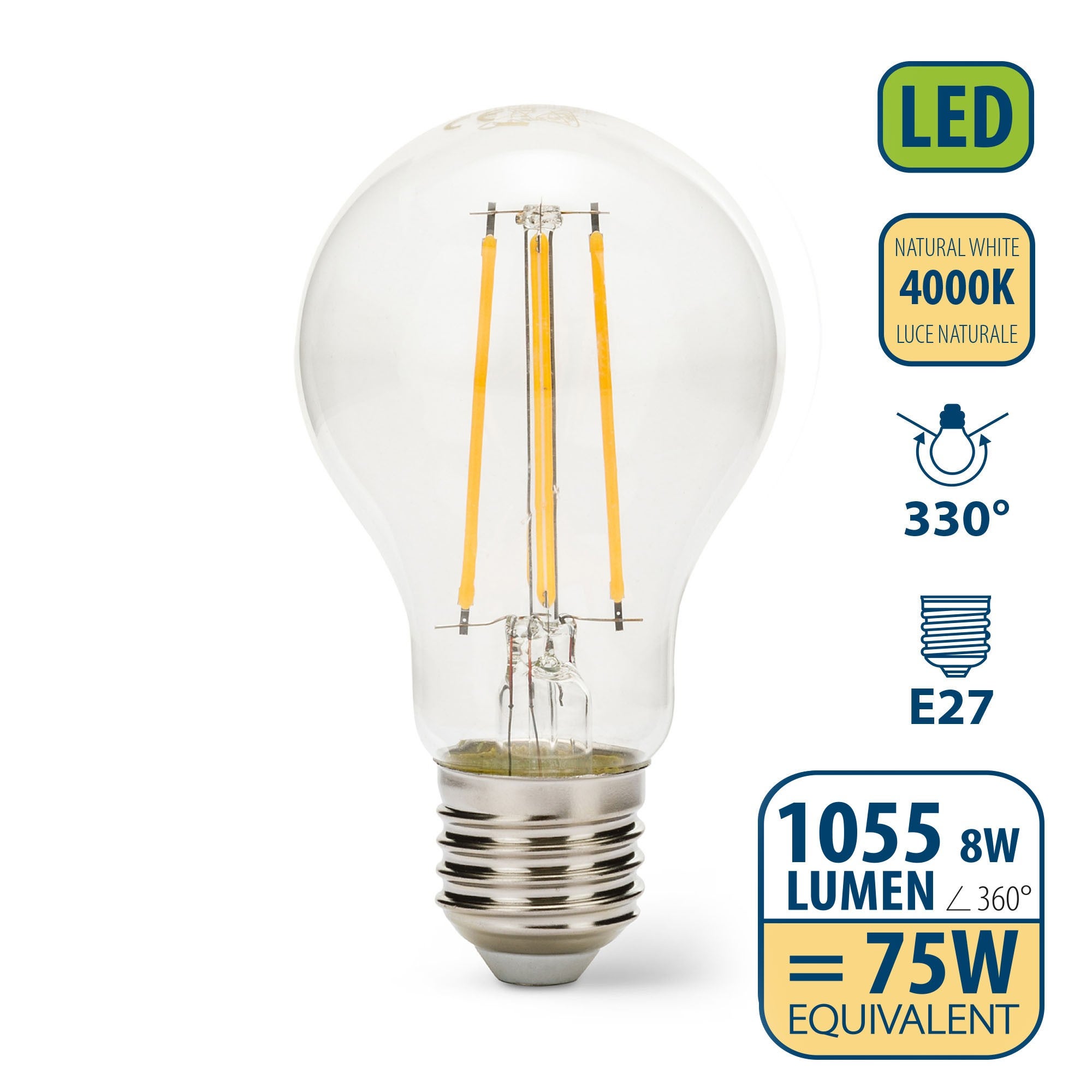 Ampoule à filament LED, standard A60, 8W / 1055lm, culot E27, 4000K | Leroy Merlin