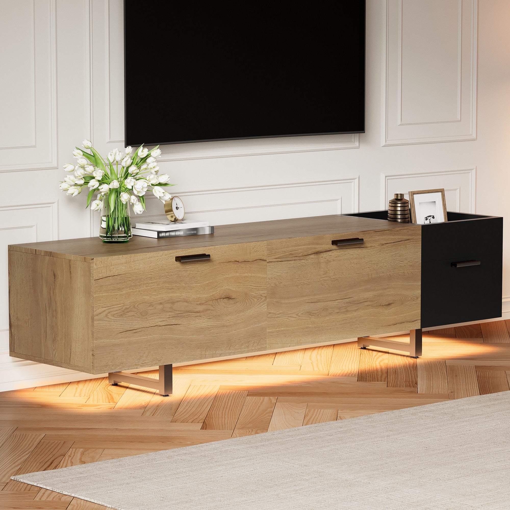 Meuble TV 180cm Design Moderne - Bois et Noir - Banc Télévision avec ...