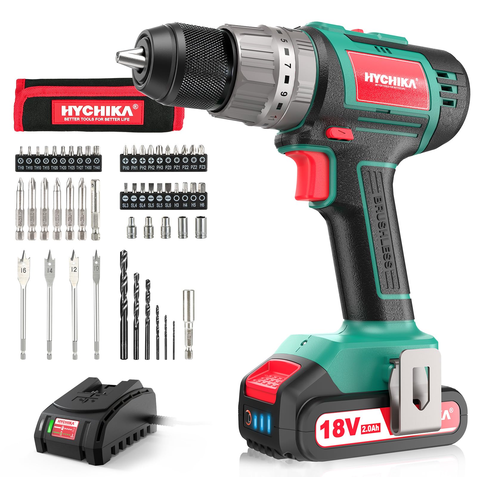 Perceuse Visseuse Sans Fil 60Nm, HYCHIKA 18V Professional Perceuse ...