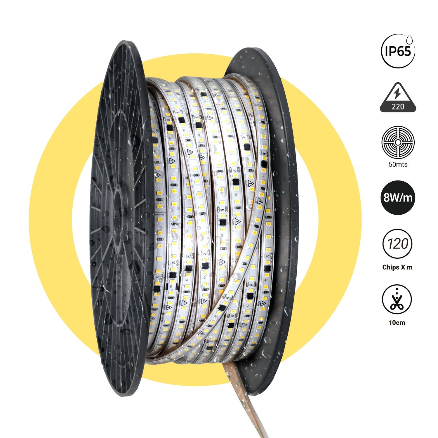 Ruban LED 220V AC - Monocouleur - 8W/m - 10mm - IP65 - 50 mètres ...