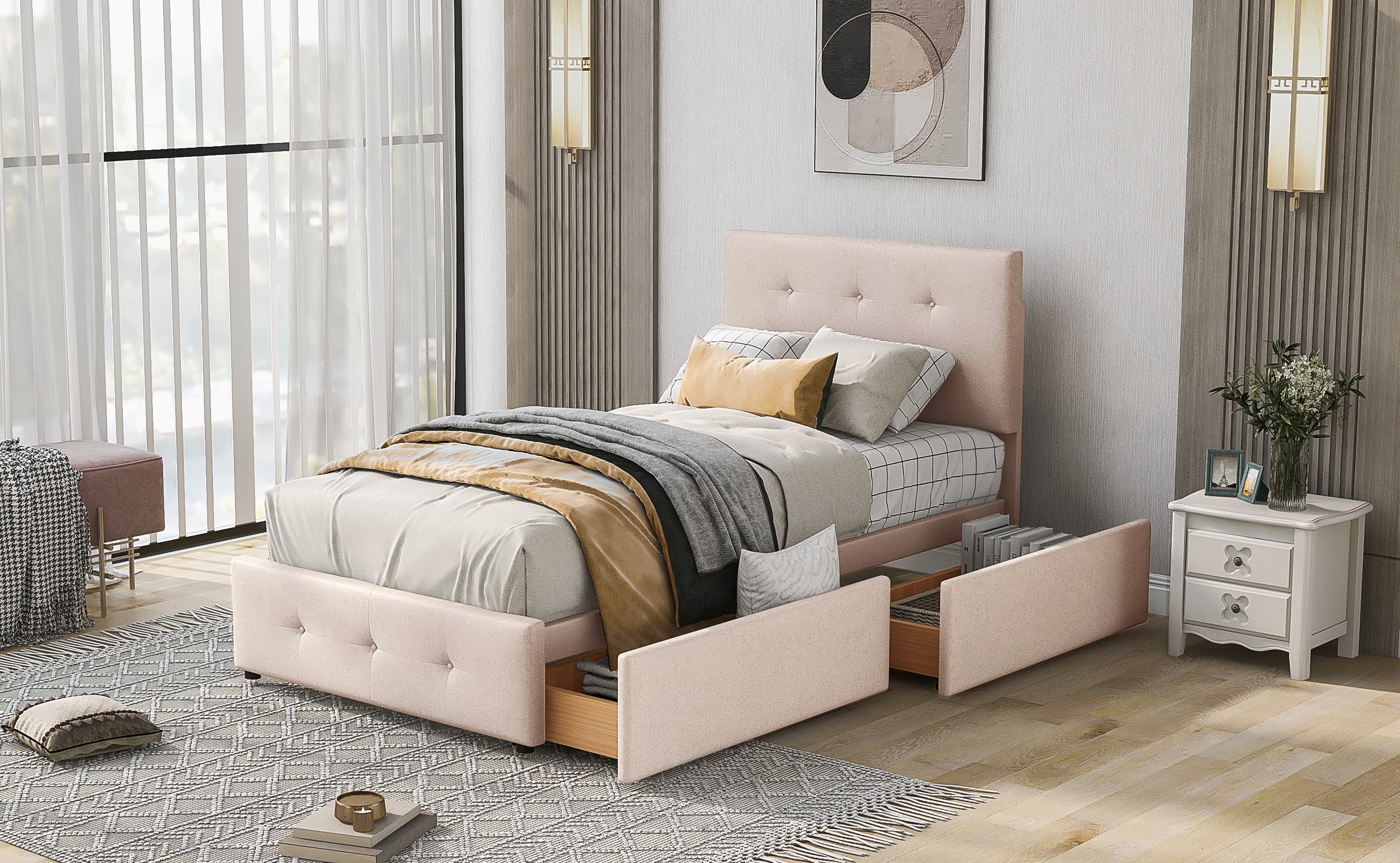 Letto imbottito 90x200 cm con 2 cassetti e testiera in velluto beige ...