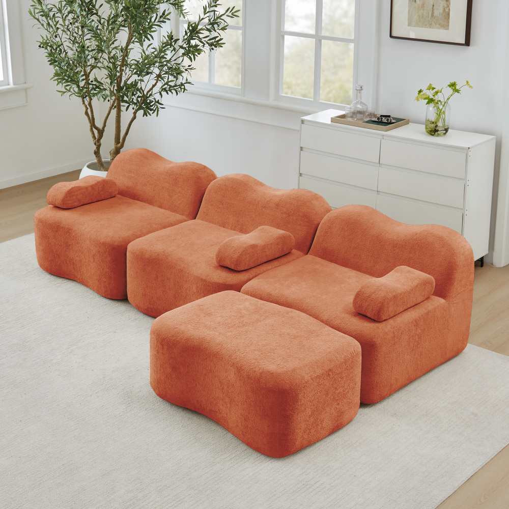Sofá modular naranja de terciopelo en L 3 plazas con otomana, espuma ...